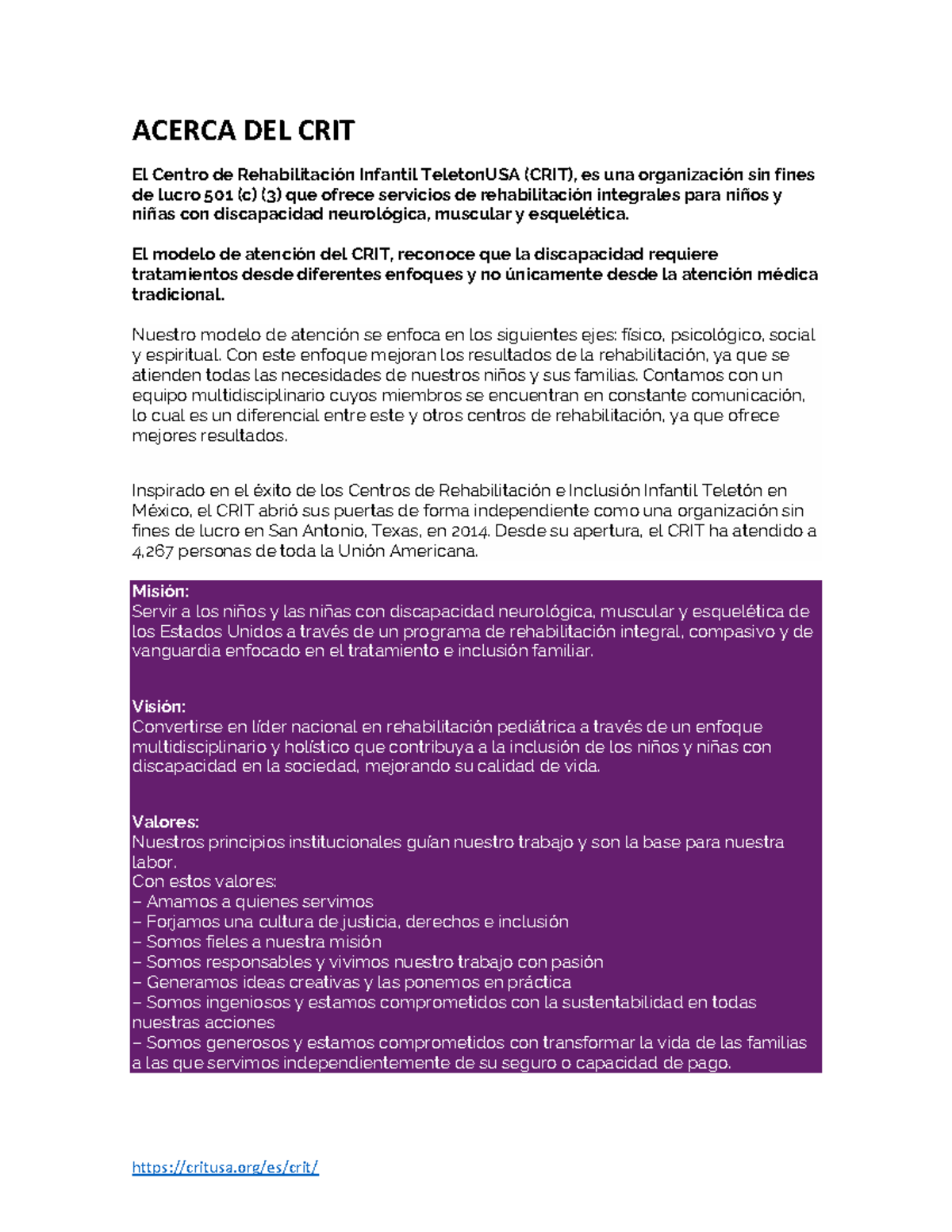 Acerca del CRIT - Centro reabi - critusa/es/crit/ ACERCA DEL CRIT El ...