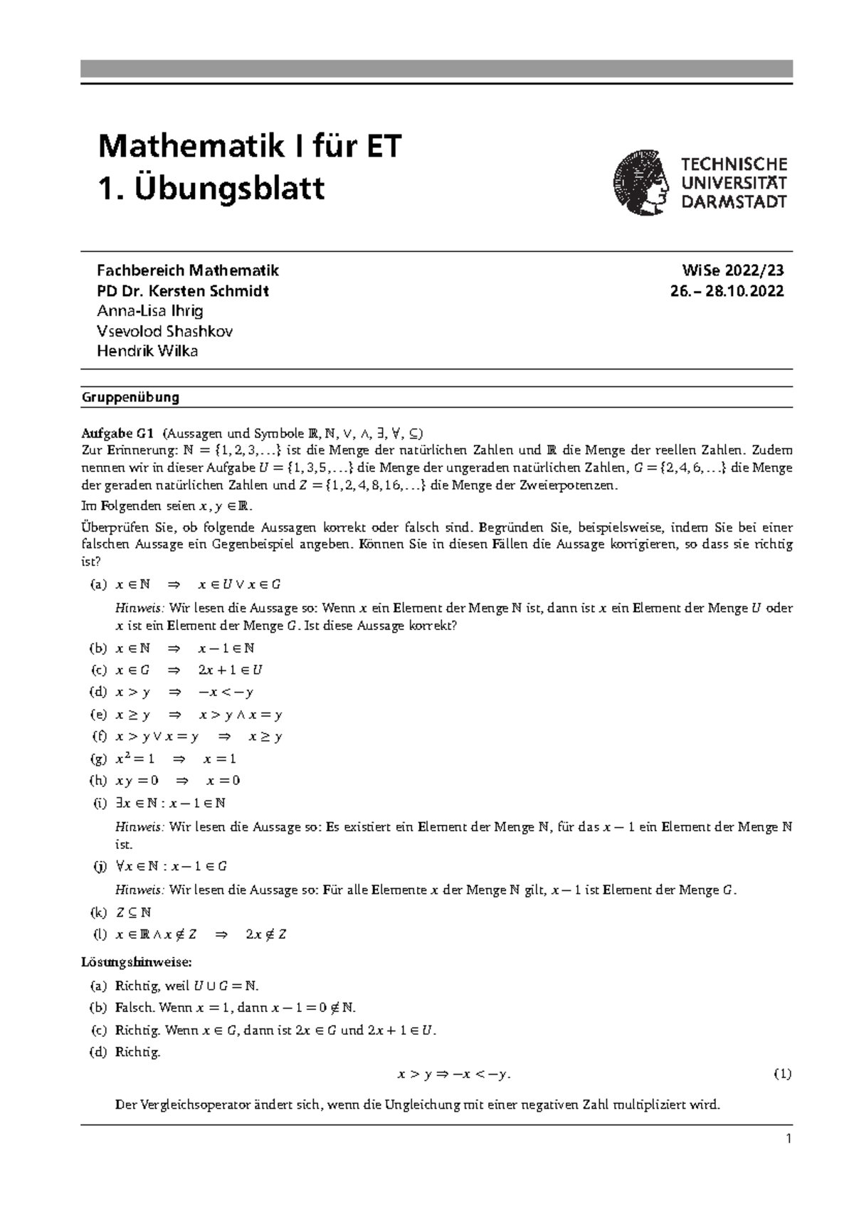 Loesungen 01 - Mathematik I für ET 1. Übungsblatt Fachbereich ...