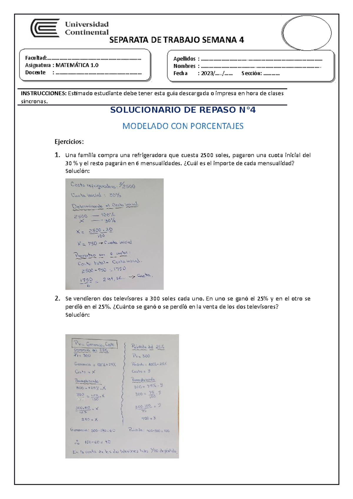 Semana 4. Separata Solucionario - SEPARATA DE TRABAJO SEMANA 4 INSTRUCCIONES: Estimado ...