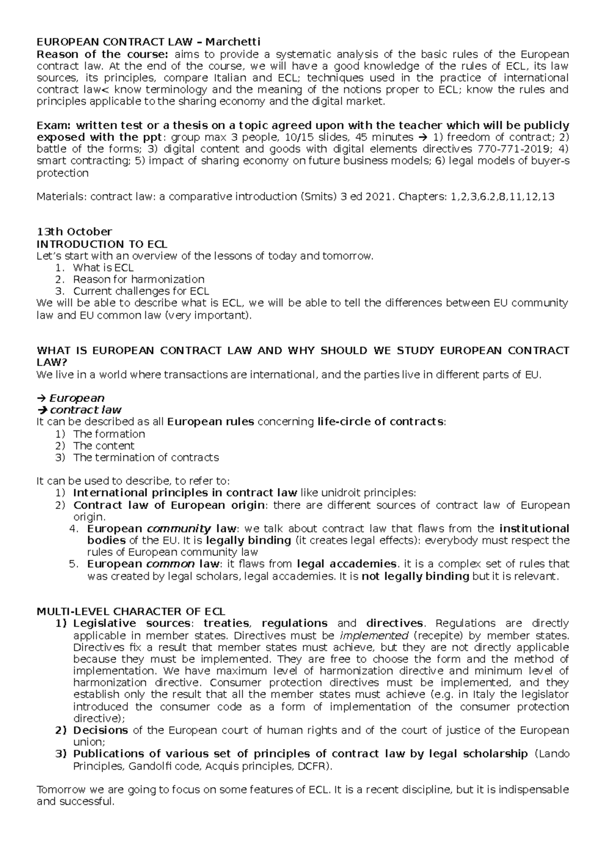 European Contract Law - EUROPEAN CONTRACT LAW – Marchetti Reason of the ...