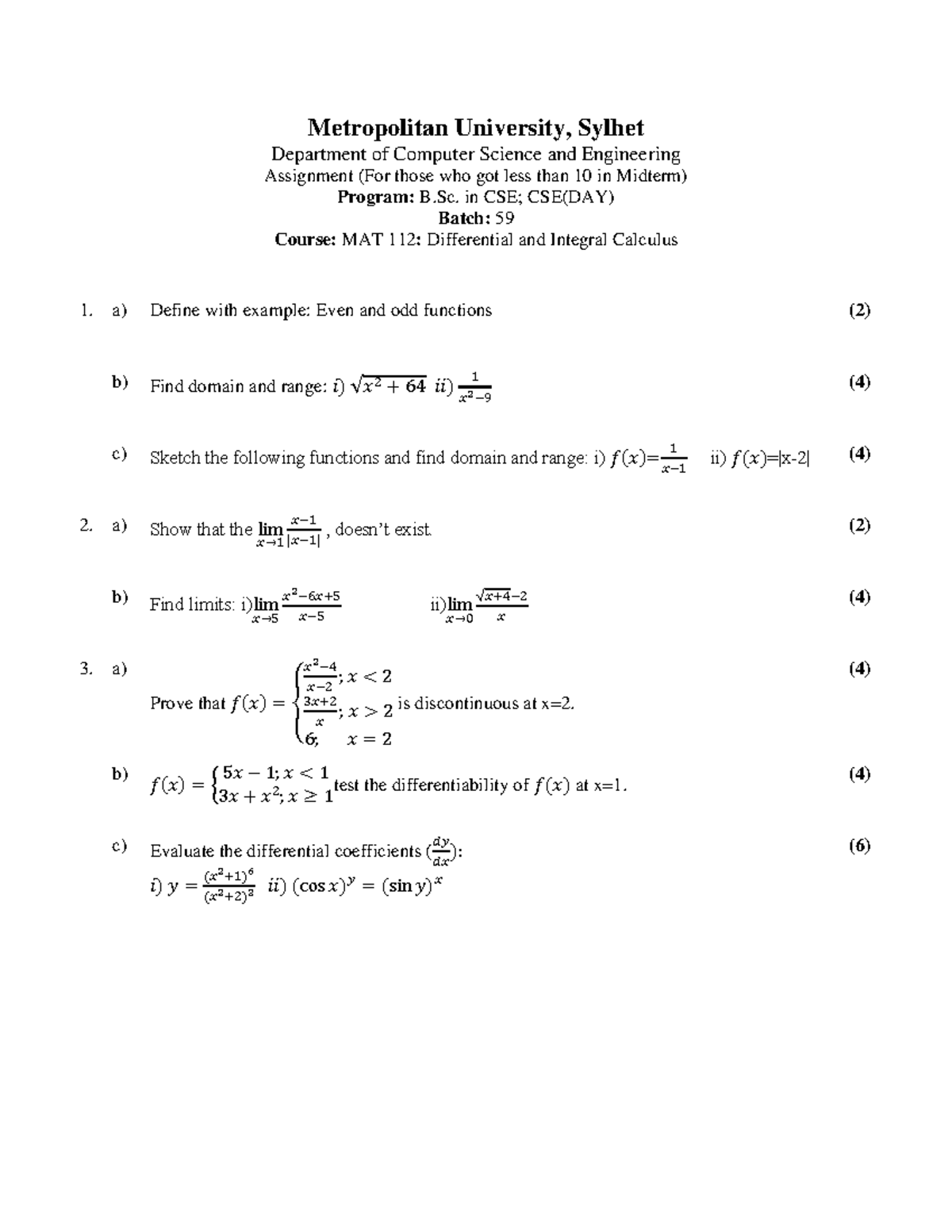 MAT 112 Assignment - Metropolitan University, Sylhet Department of Computer Science and ...