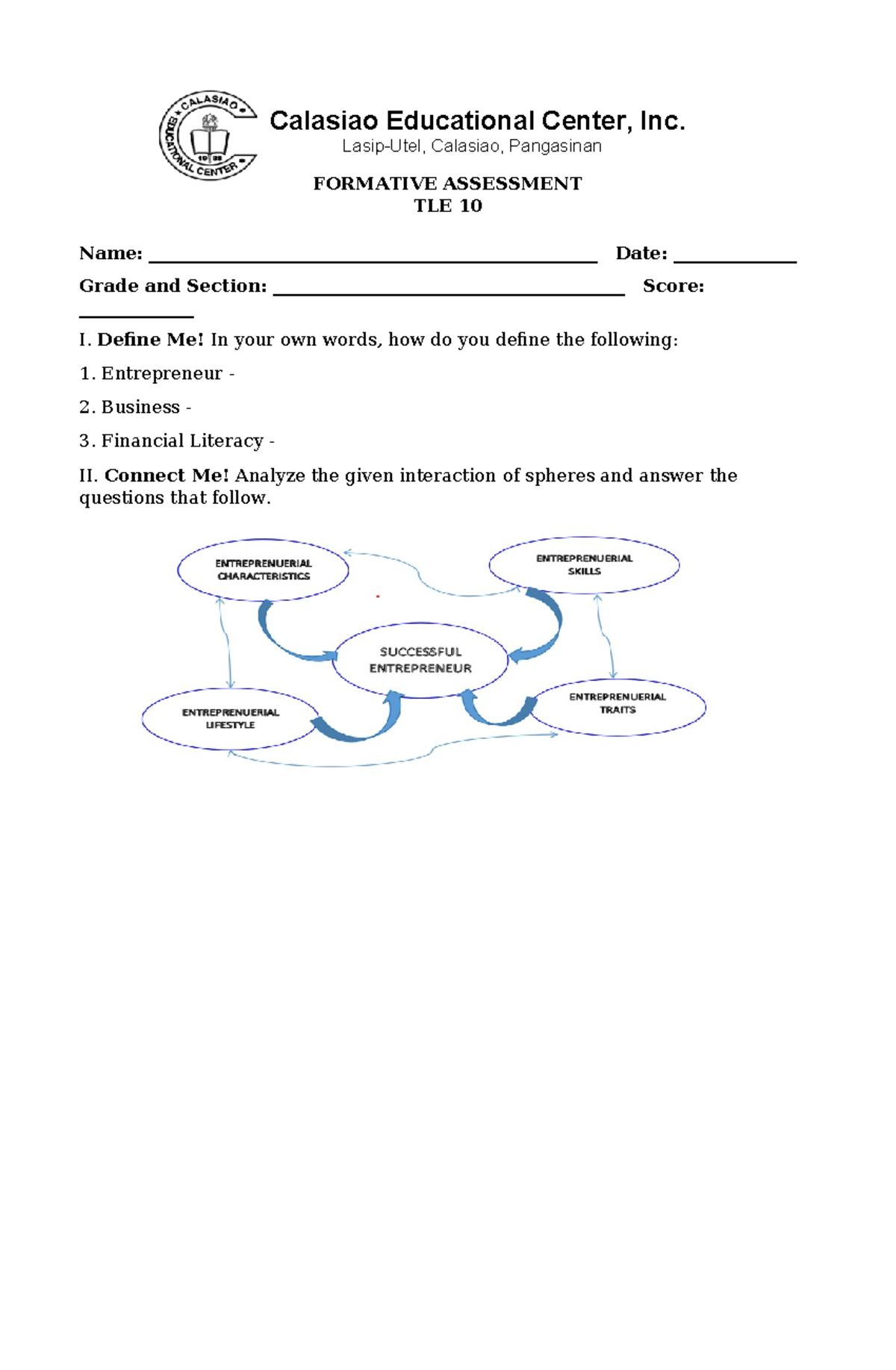 TLE Formative Test - Sample Test - Calasiao Educational Center, Inc ...