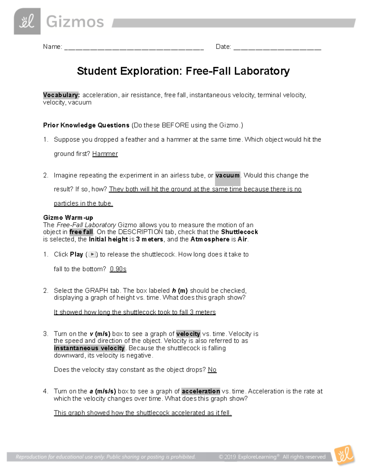 Gizmo Free Fall Gizmo Free Fall - 2019 Name ...