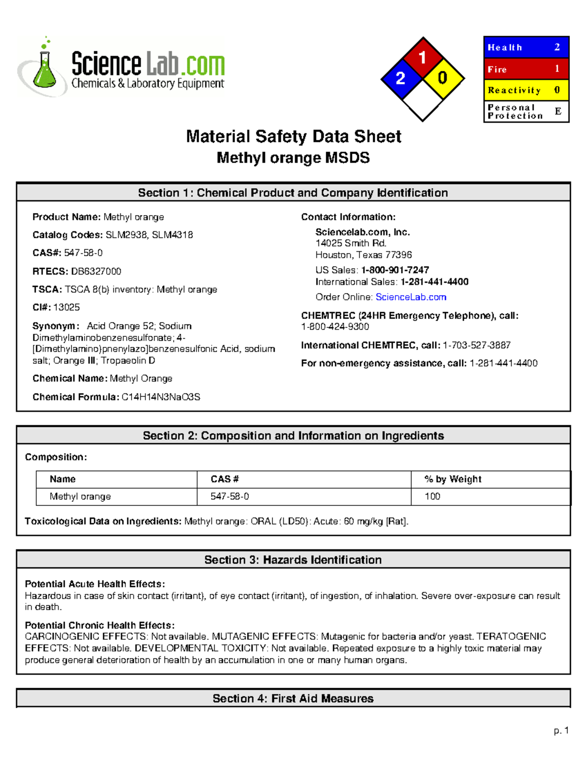 Msds metil orange - Adds - 1 2 0 He a lt h Fire Re a c t iv it y P e rs ...