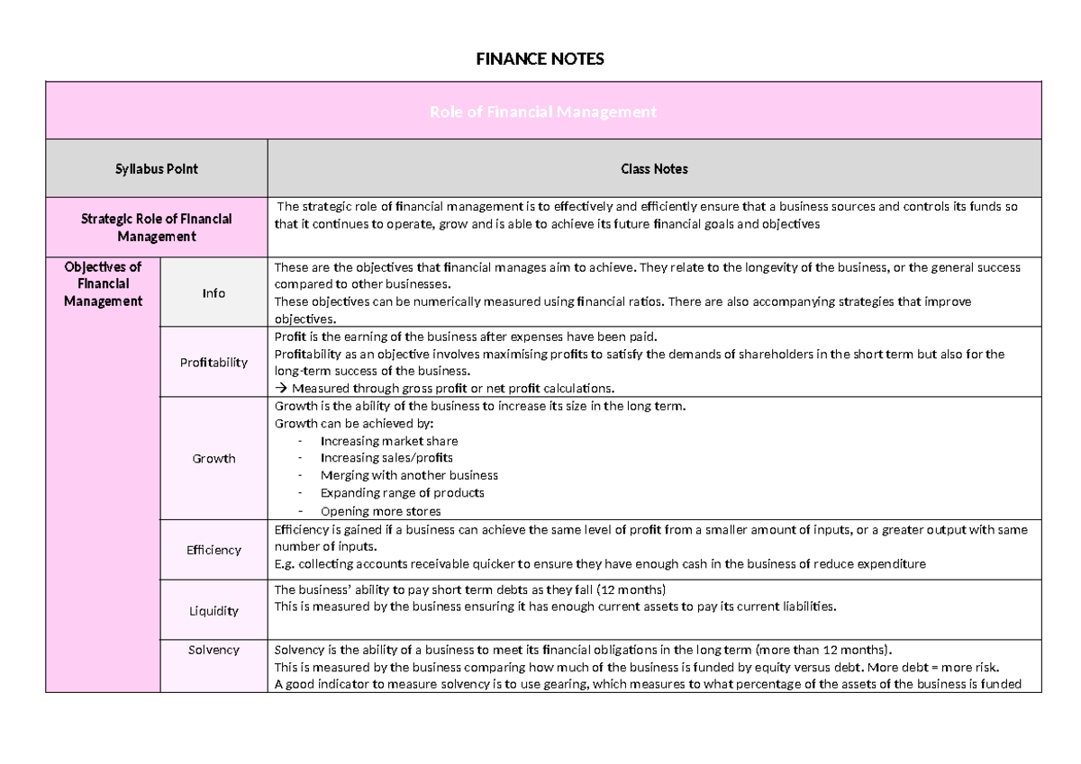 Finance Notes Scaffold - FINANCE NOTES Role of Financial Management ...