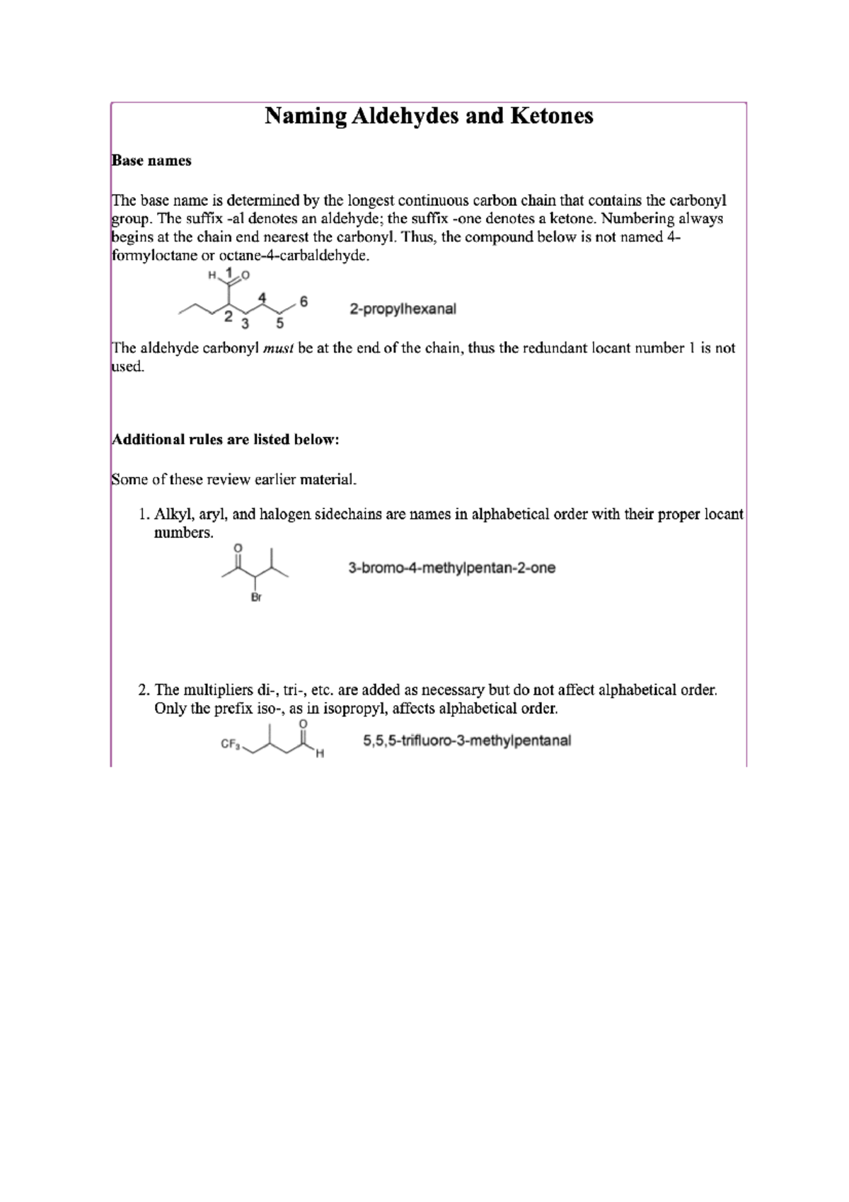 Naming Aldehydes and Keytones - CHE1APL - Studocu