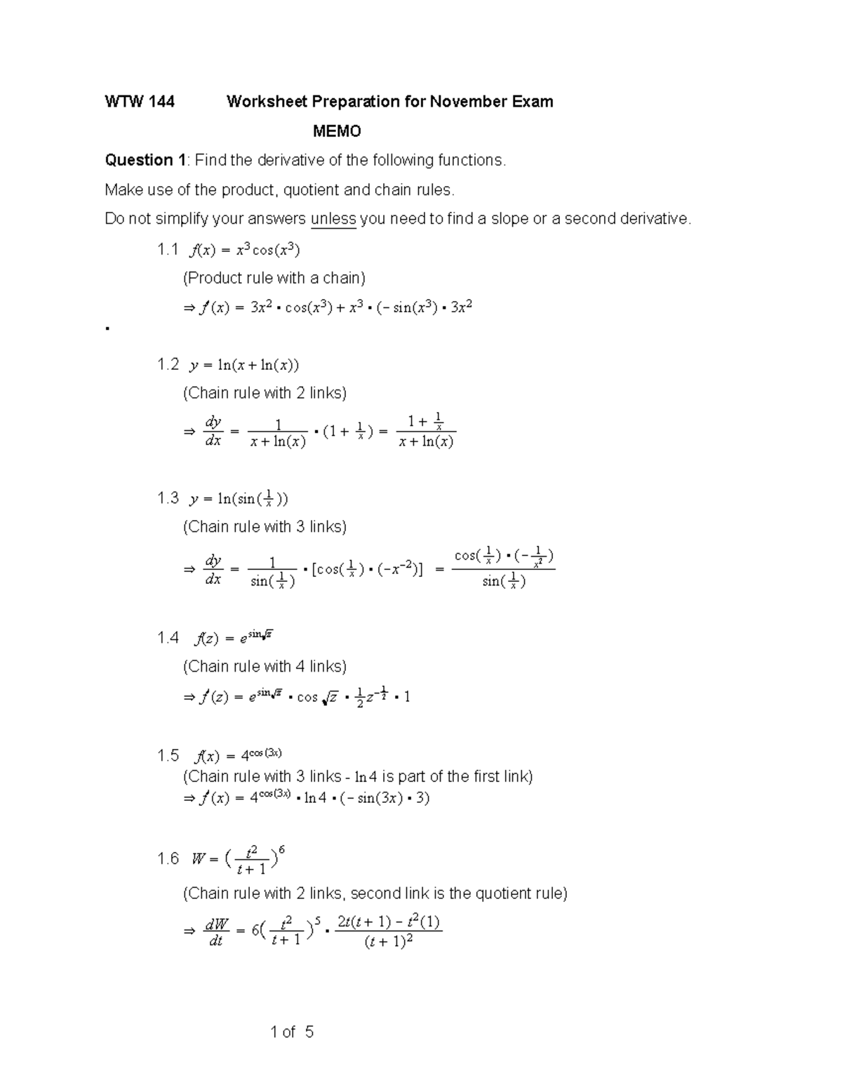 Worksheet preparation for November exam MEMO - WTW 144 Worksheet ...
