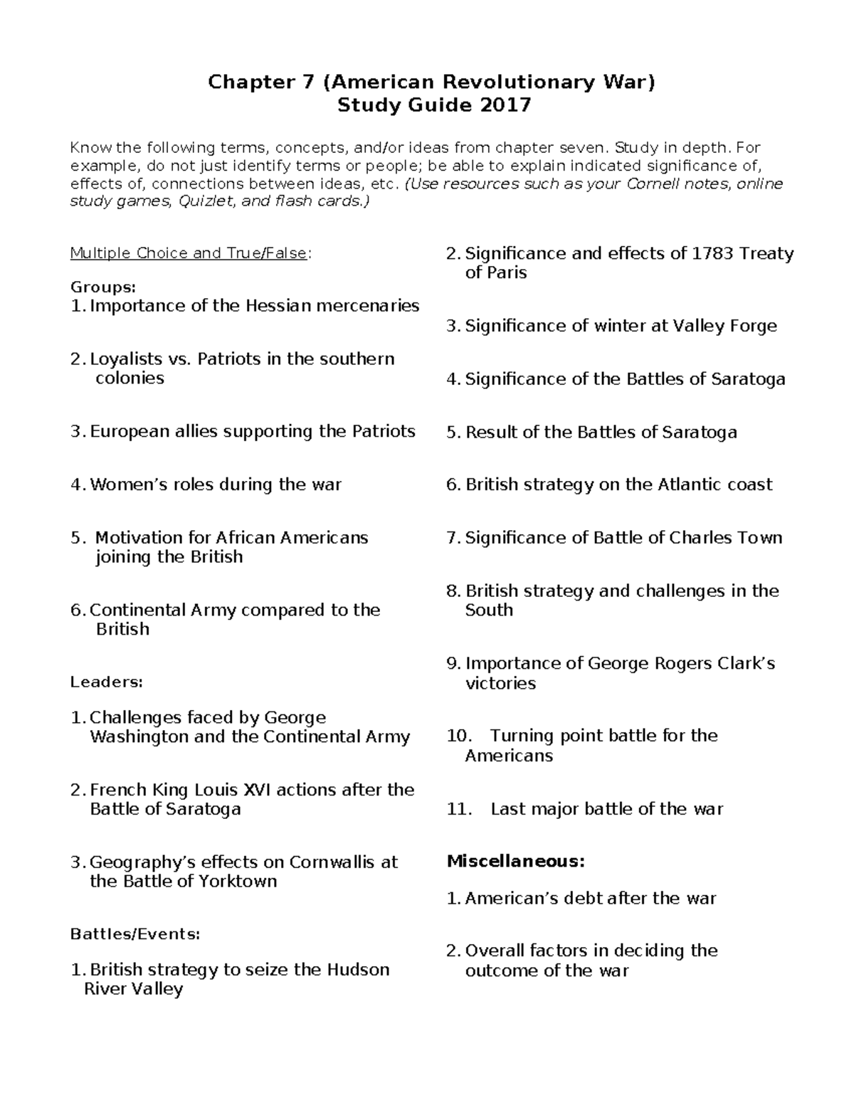 Chapter 7 Study Guide 1617 - Chapter 7 (American Revolutionary War ...
