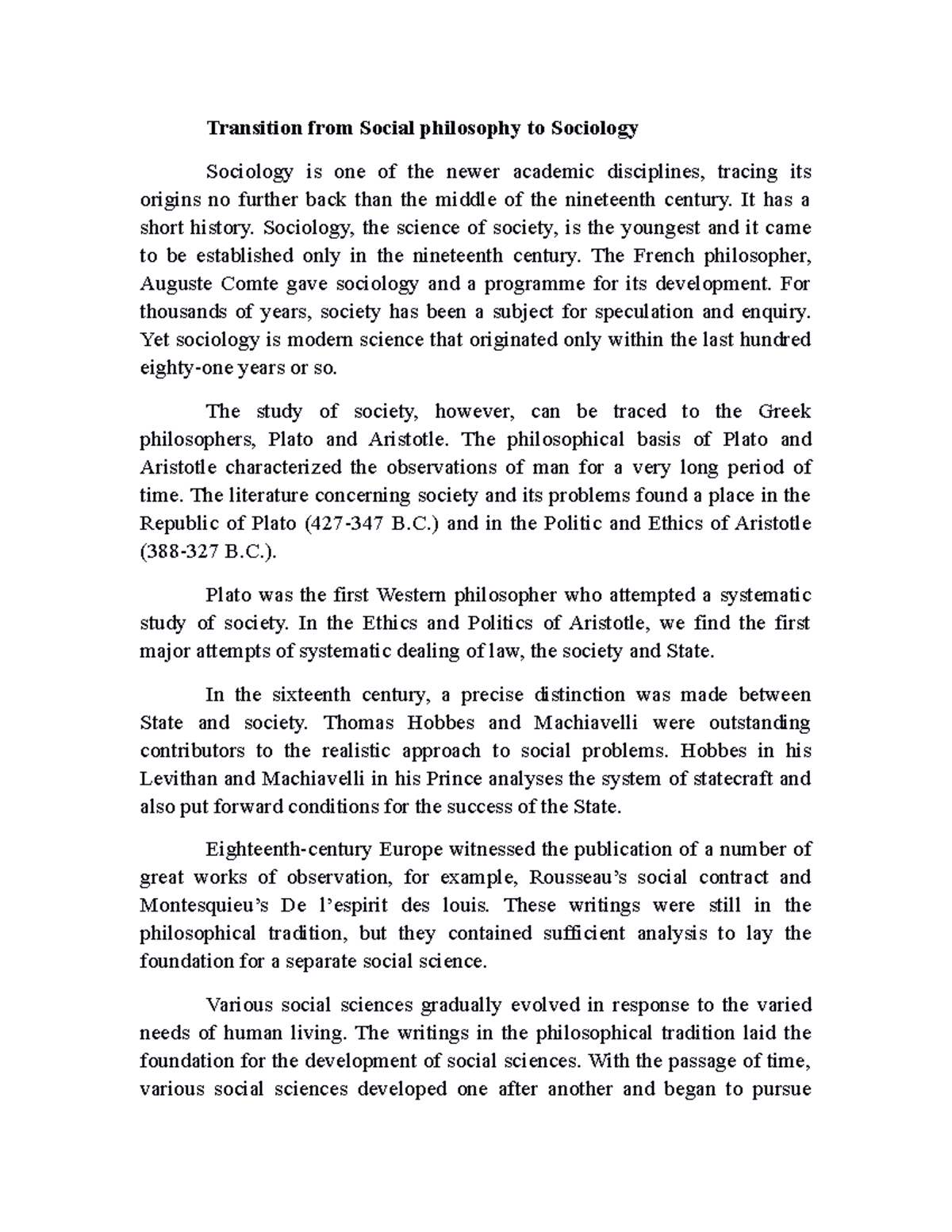 Transition from Social philosophy to Sociology - It has a short history ...