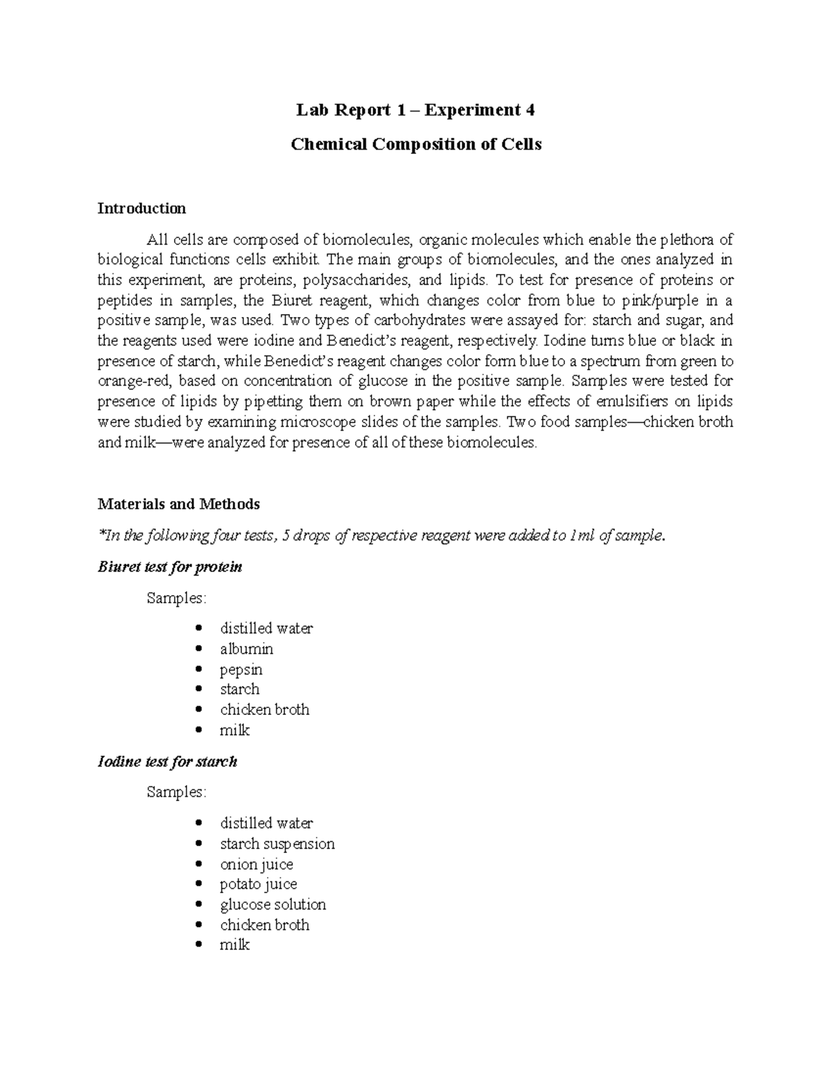 BIOL 117 Report 1 Food - Lab Report 1 – Experiment 4 Chemical ...