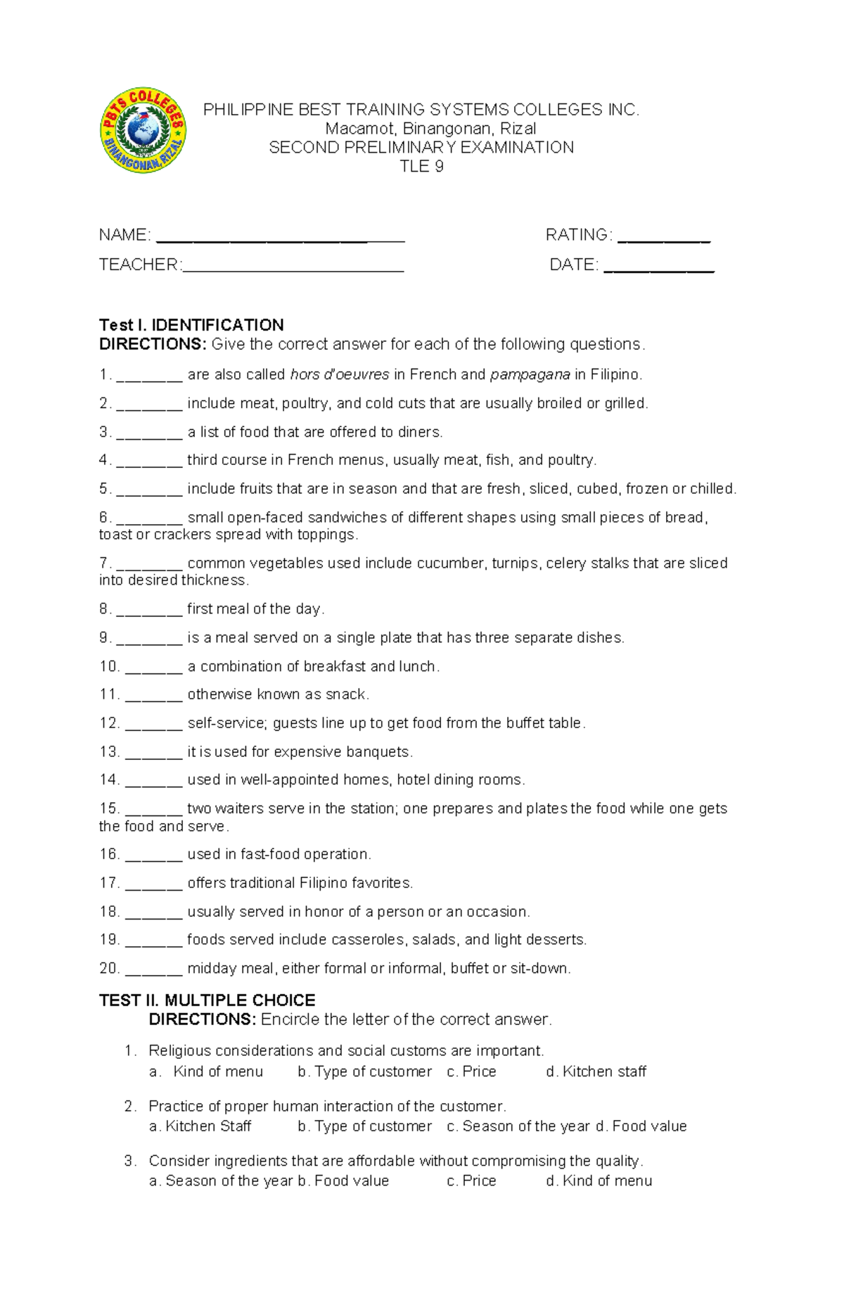 TLE9 Secondprelim - PHILIPPINE BEST TRAINING SYSTEMS COLLEGES INC ...