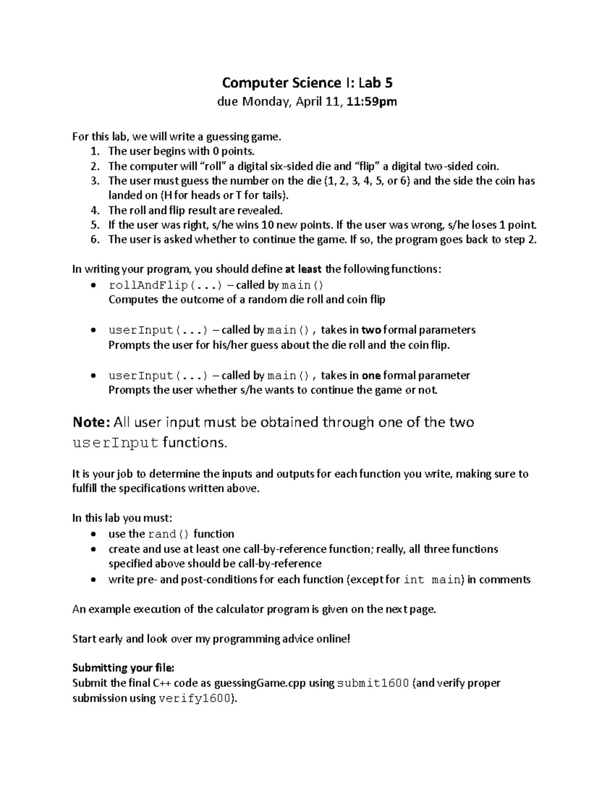 Lab 5 - project - Computer Science I: Lab 5 due Monday, April 11, 11 ...