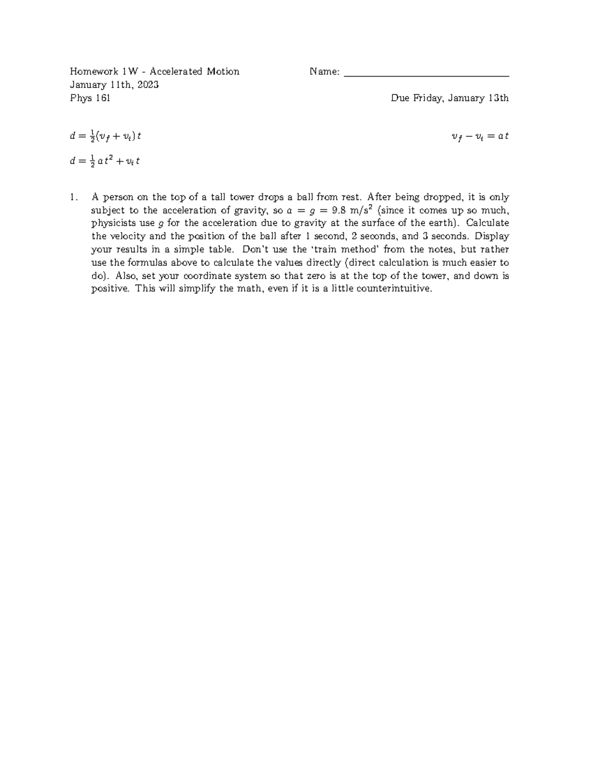 CM-1W R01-13 - Classical Mechanics - Homework 1W - Accelerated Motion ...