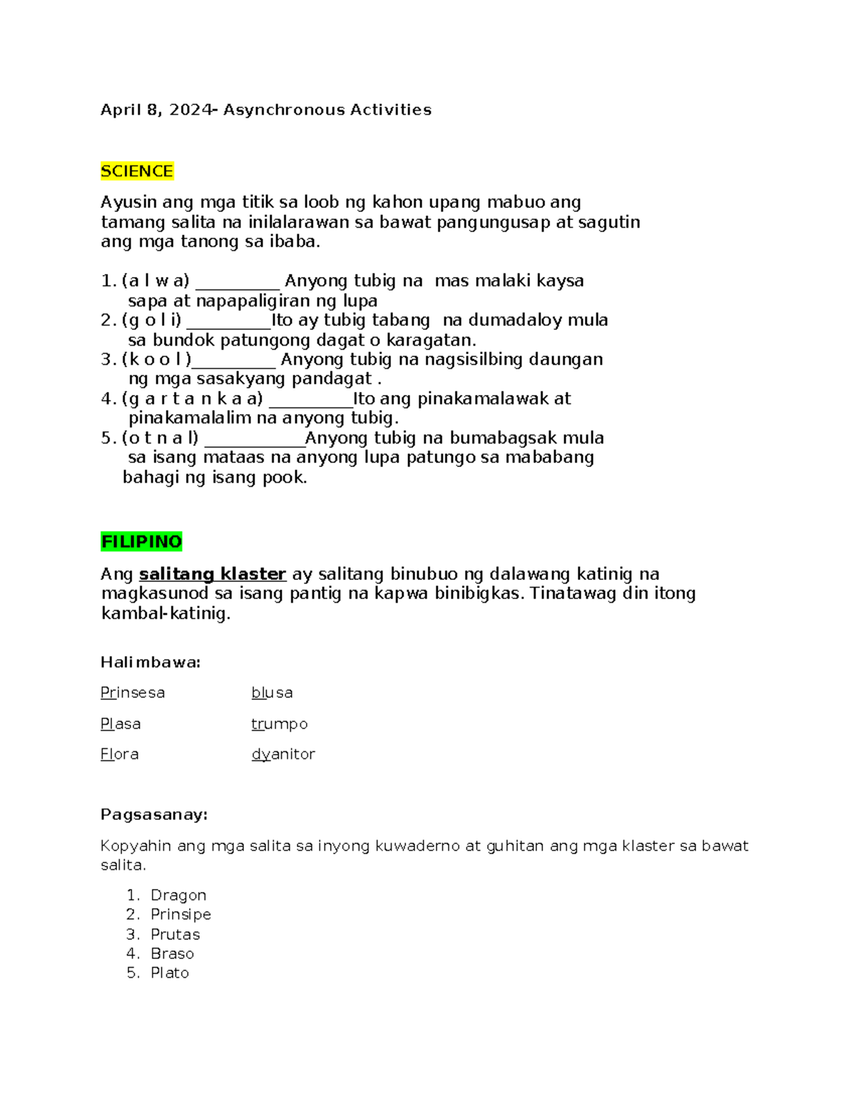 April 8 Asynch activity - April 8, 2024- Asynchronous Activities ...