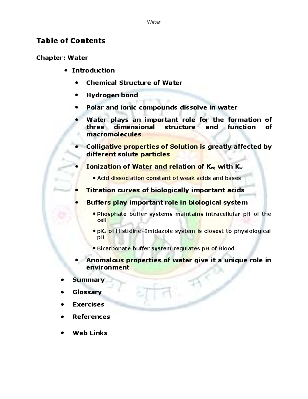 Unit -11 water final - Water Table of Contents Chapter: Water Introduction Chemical Structure of ...