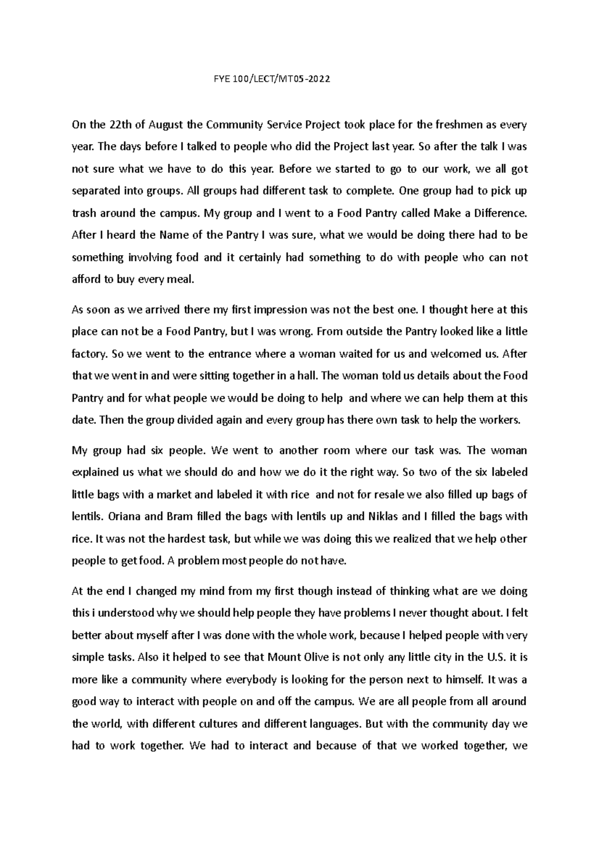 Making a Difference Food Pantry - FYE 100/LECT/MT05- On the 22th of ...