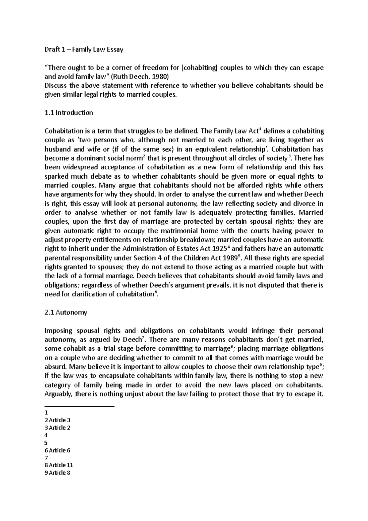 Family Draft 1 - Draft 1 – Family Law Essay “There ought to be a corner ...