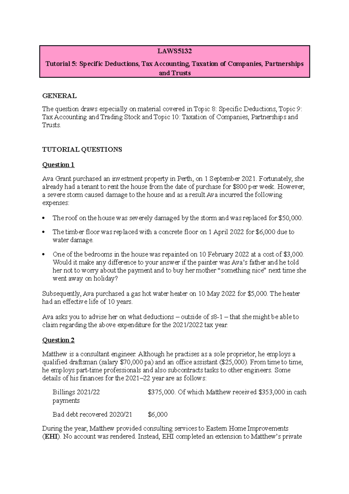 Tutorial 5 2023 Question - LAWS Tutorial 5: Specific Deductions, Tax ...