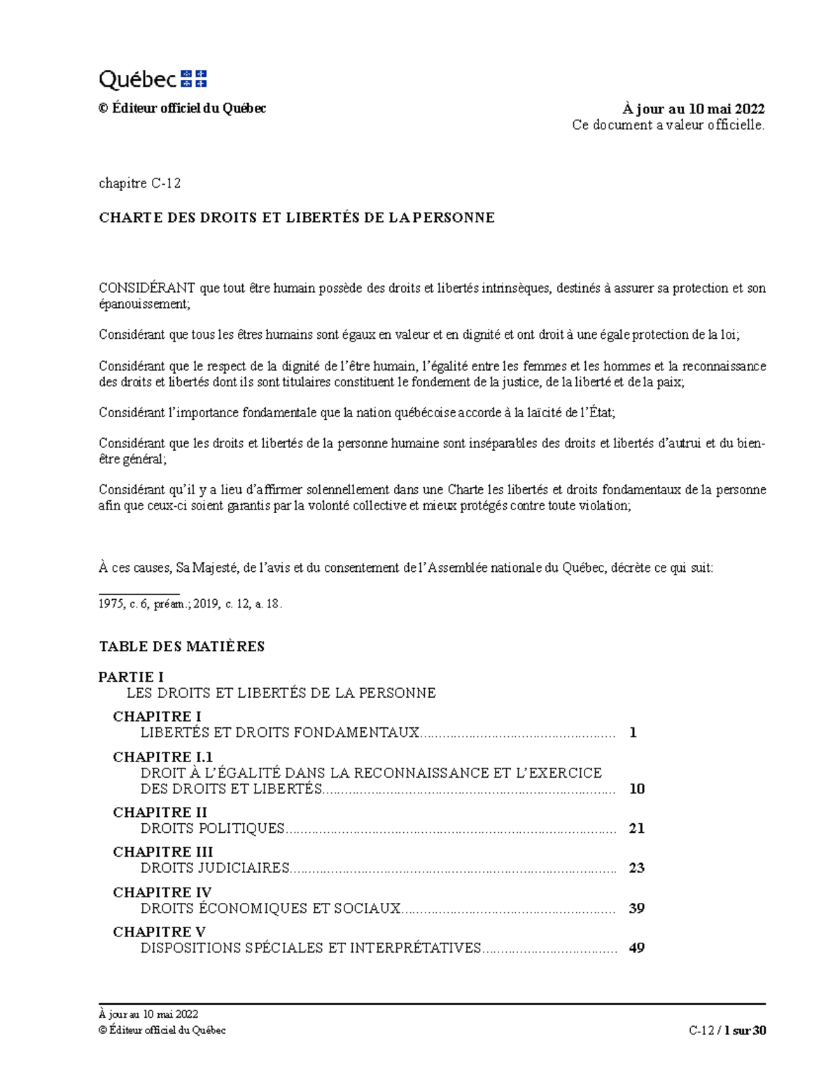 Charte des droits et liberte de la personne - chapitre C- CHARTE DES ...