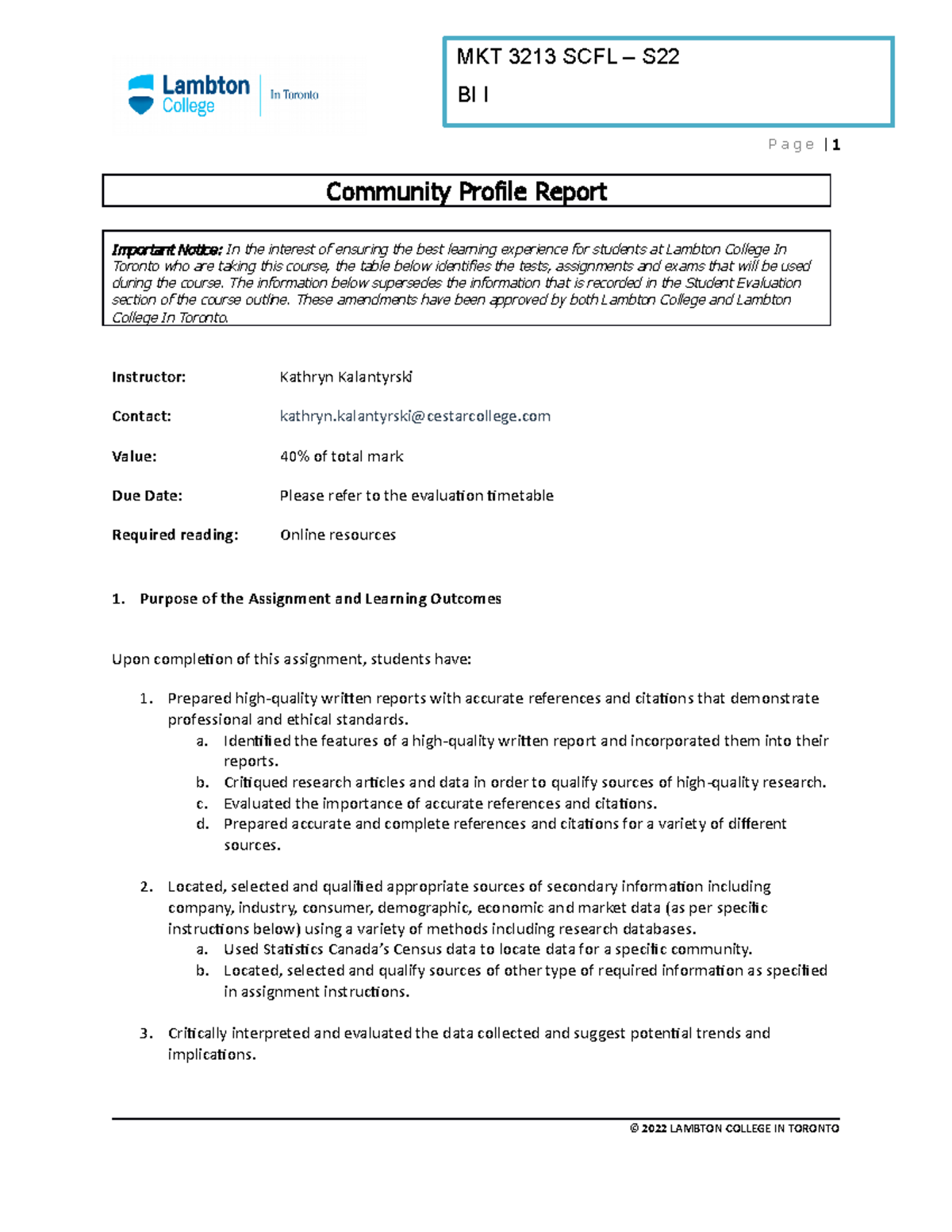 MKT 3213 - Community Report - Instructions - undergrad class - P a g e ...