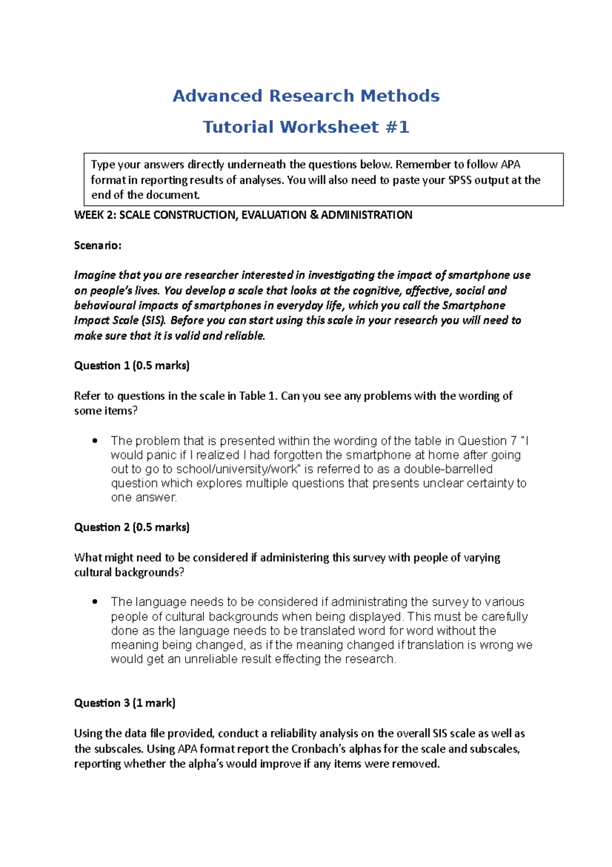 Tutorial Worksheet #1 - Advanced Research Methods Tutorial Worksheet ...