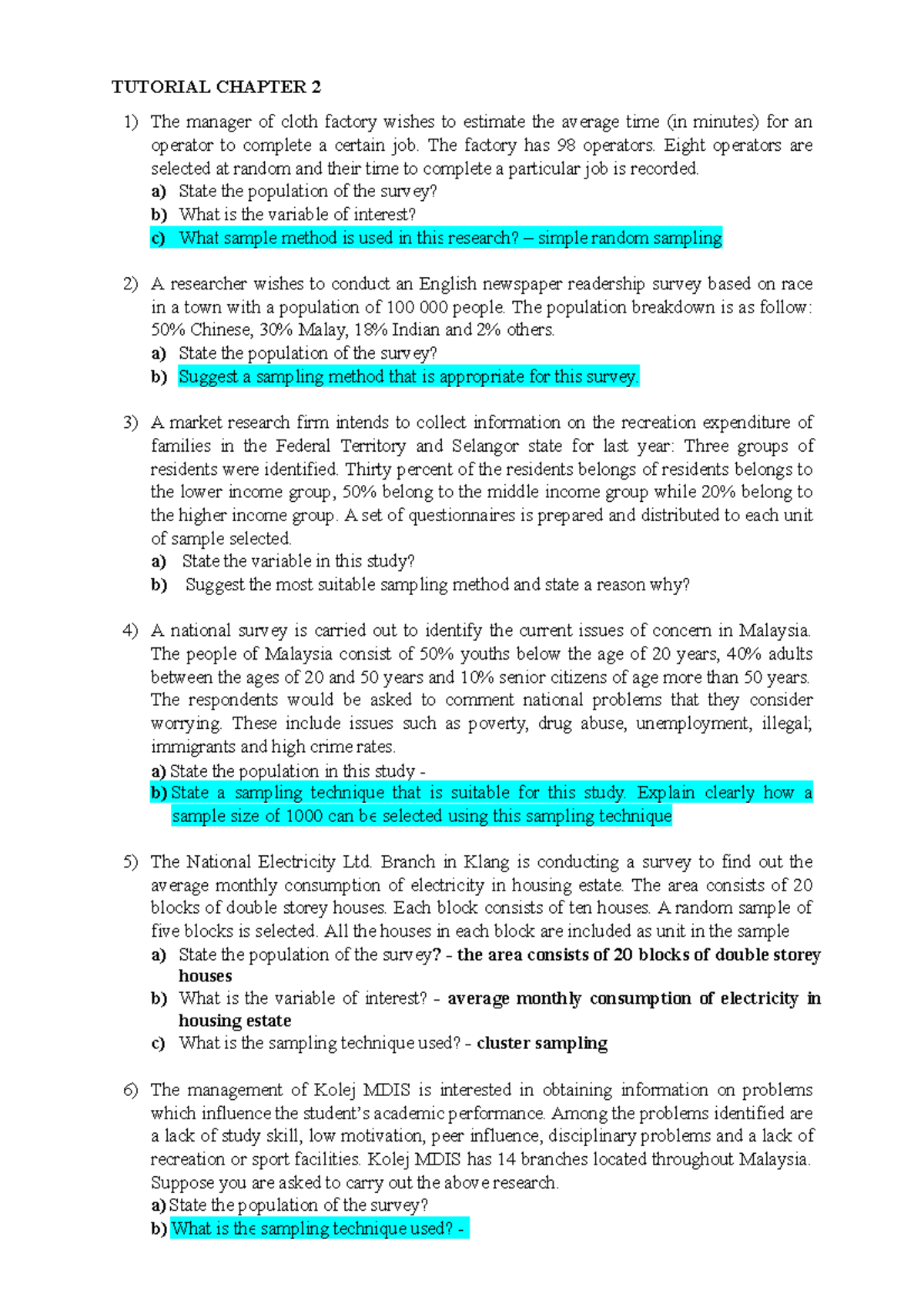 Tutorial 2 - asdsaa - TUTORIAL CHAPTER 2 The manager of cloth factory wishes to estimate the ...