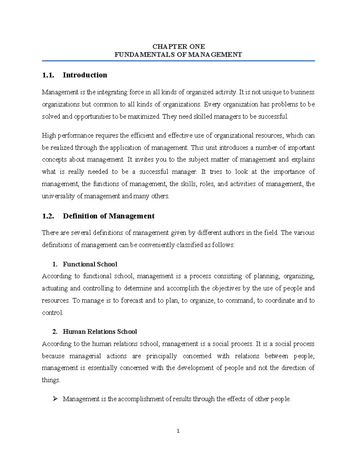 Introduction to Mgmt Handout - CHAPTER ONE FUNDAMENTALS OF MANAGEMENT 1 ...