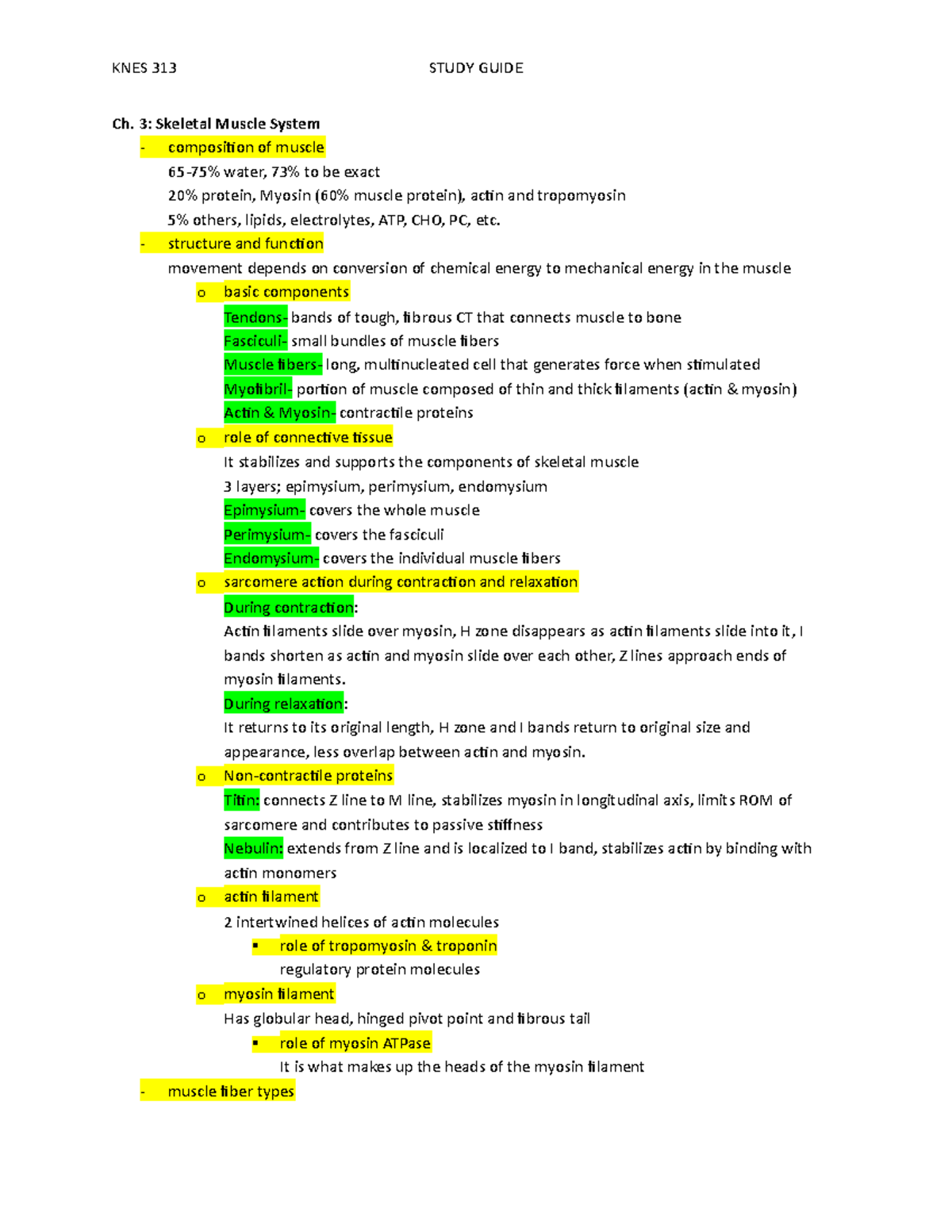 Chapter 3 Study Guide - KNES 313 STUDY GUIDE Ch. 3: Skeletal Muscle ...