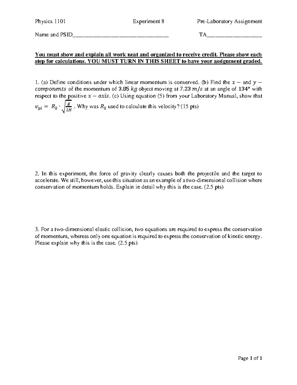1101 Exp8 Pre Laboratory Assignment - Physics 1101 Experiment 8 Pre ...