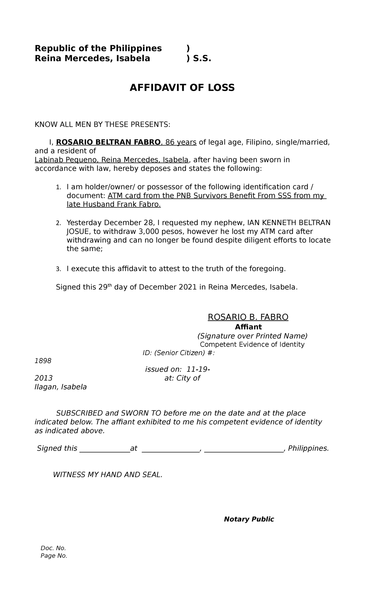 Affidavit of loss - Republic of the Philippines ) Reina Mercedes ...