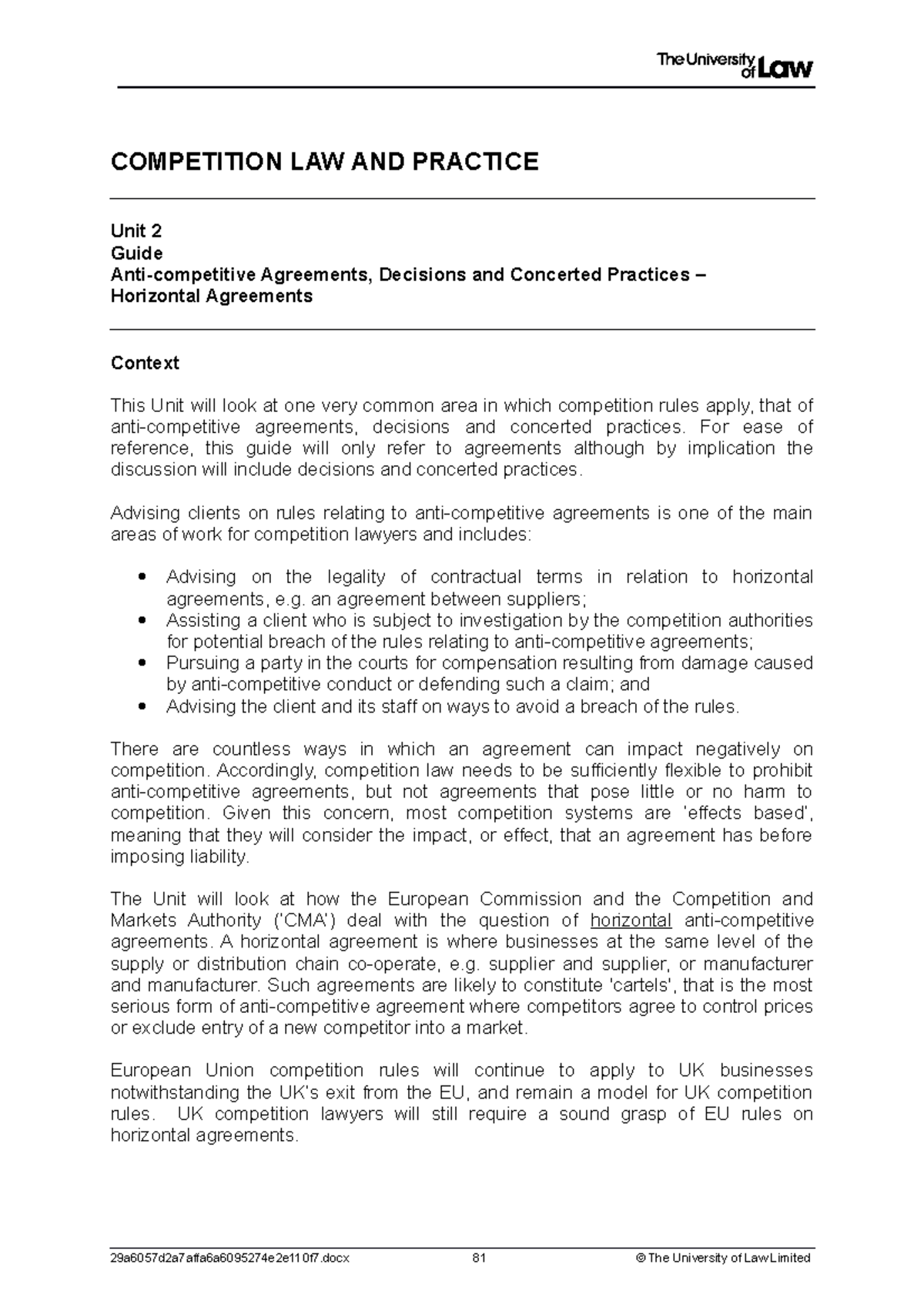 2122 comp ws02 ce01 guide - COMPETITION LAW AND PRACTICE Unit 2 Guide ...