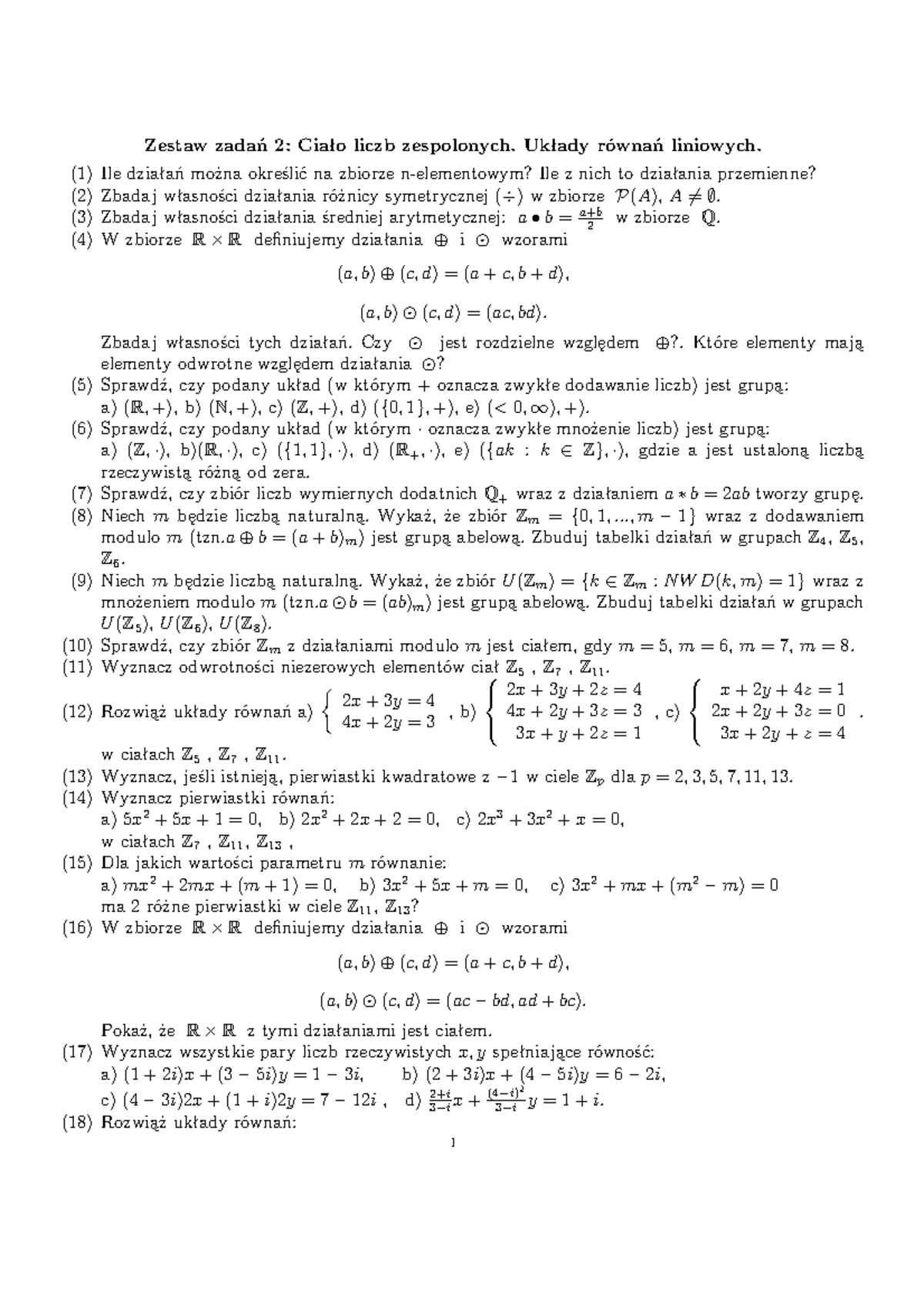 Sample/practice exam 2017, questions - Zestaw zadań 2: Ciało liczb ...