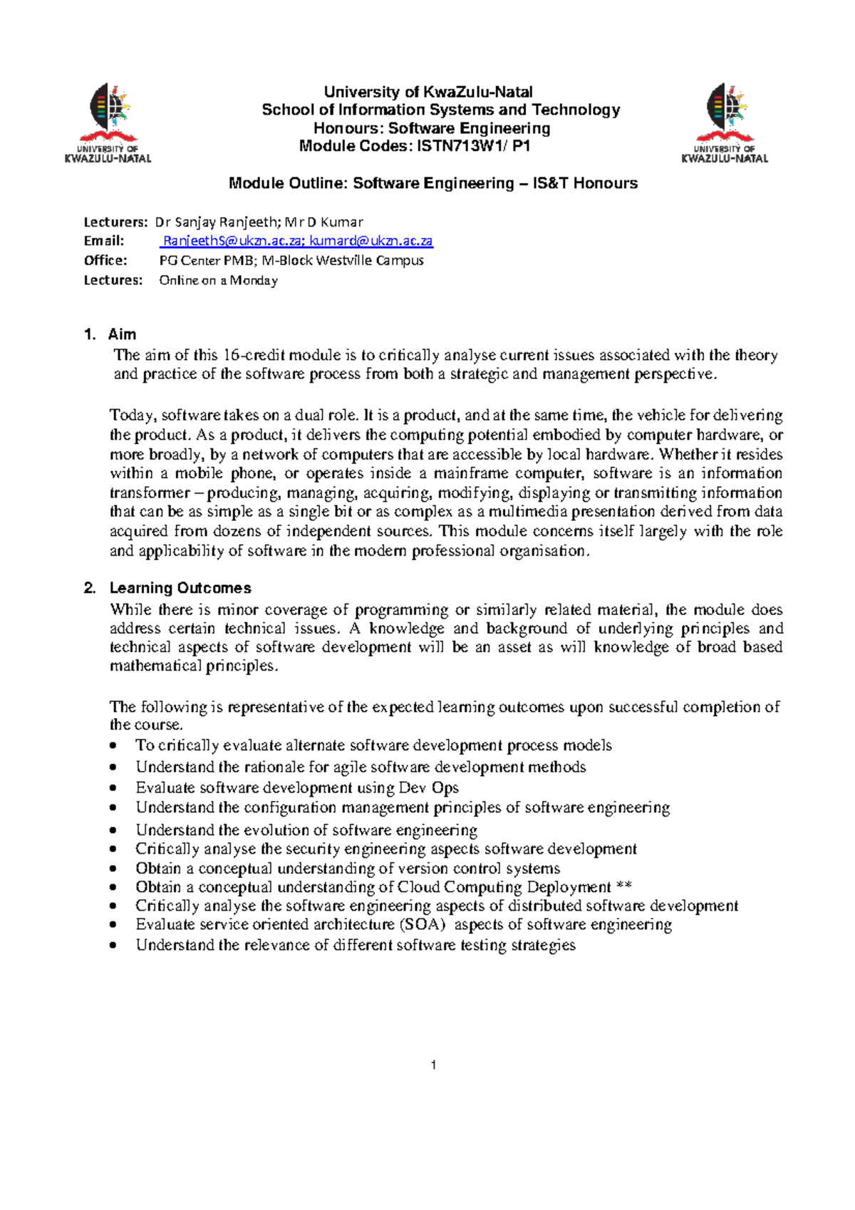 Software Engineering Module Outline 2024 draft - University of KwaZulu-Natal School of ...