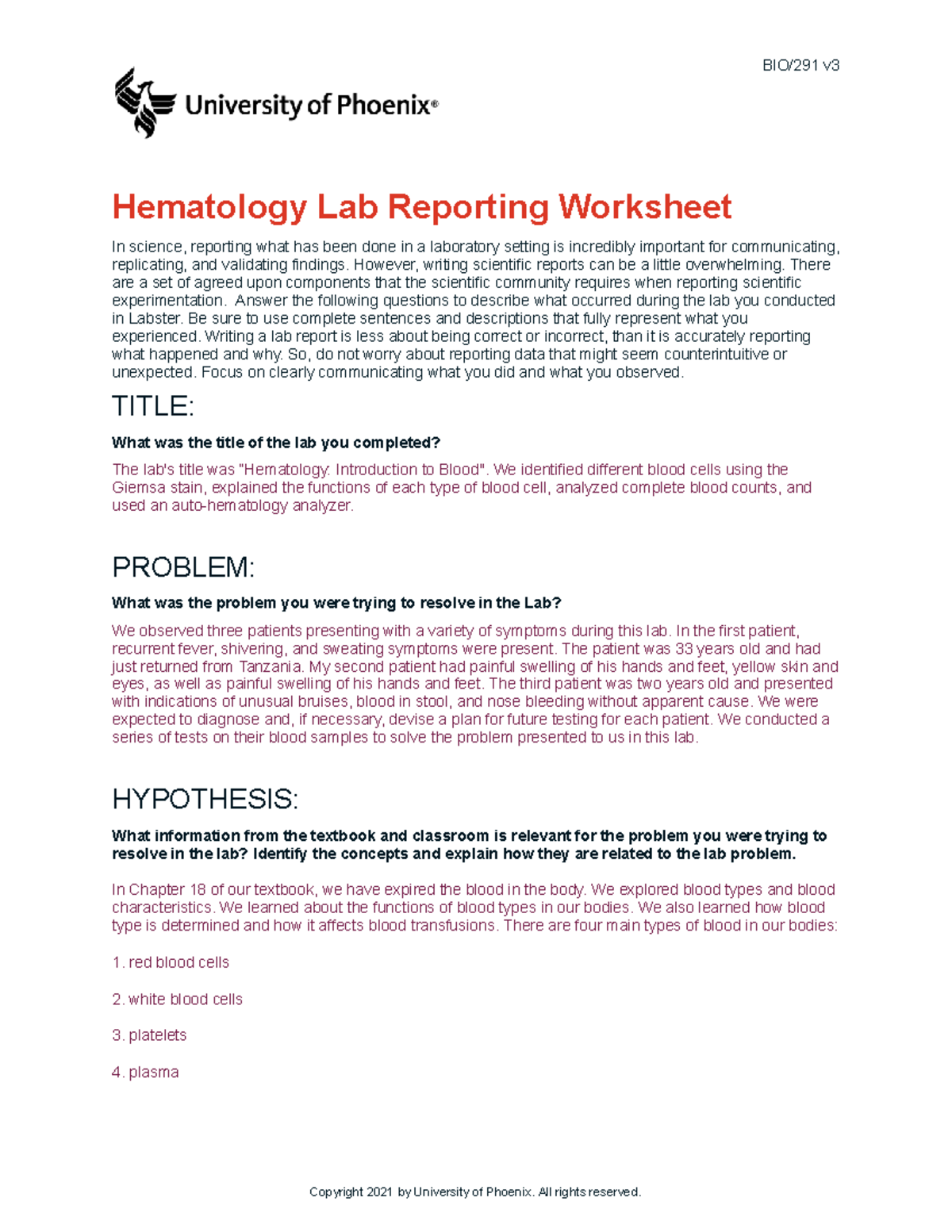 Bio291 v3 wk1 the hematology lab report - BIO/291 v Hematology Lab ...