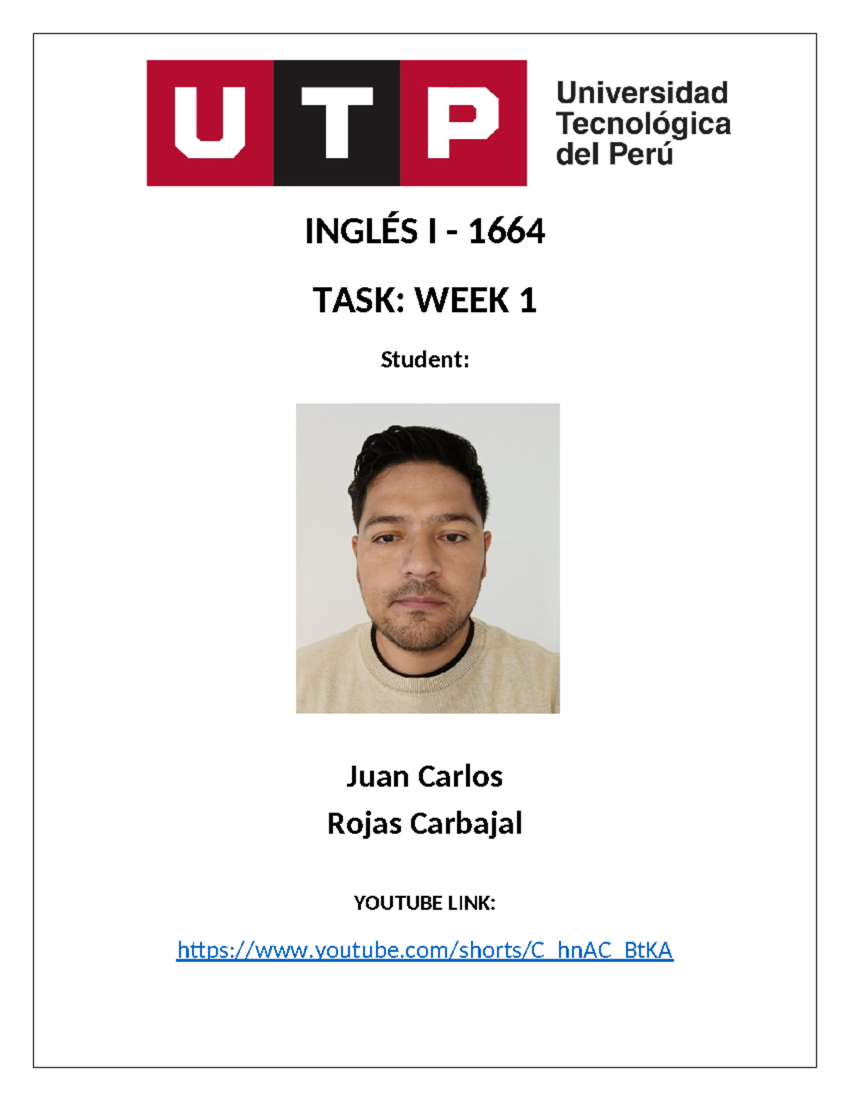 Caratula - TASK 1 - PRACTICA - Ingles I - INGLÉS I - 1664 TASK: WEEK 1 ...