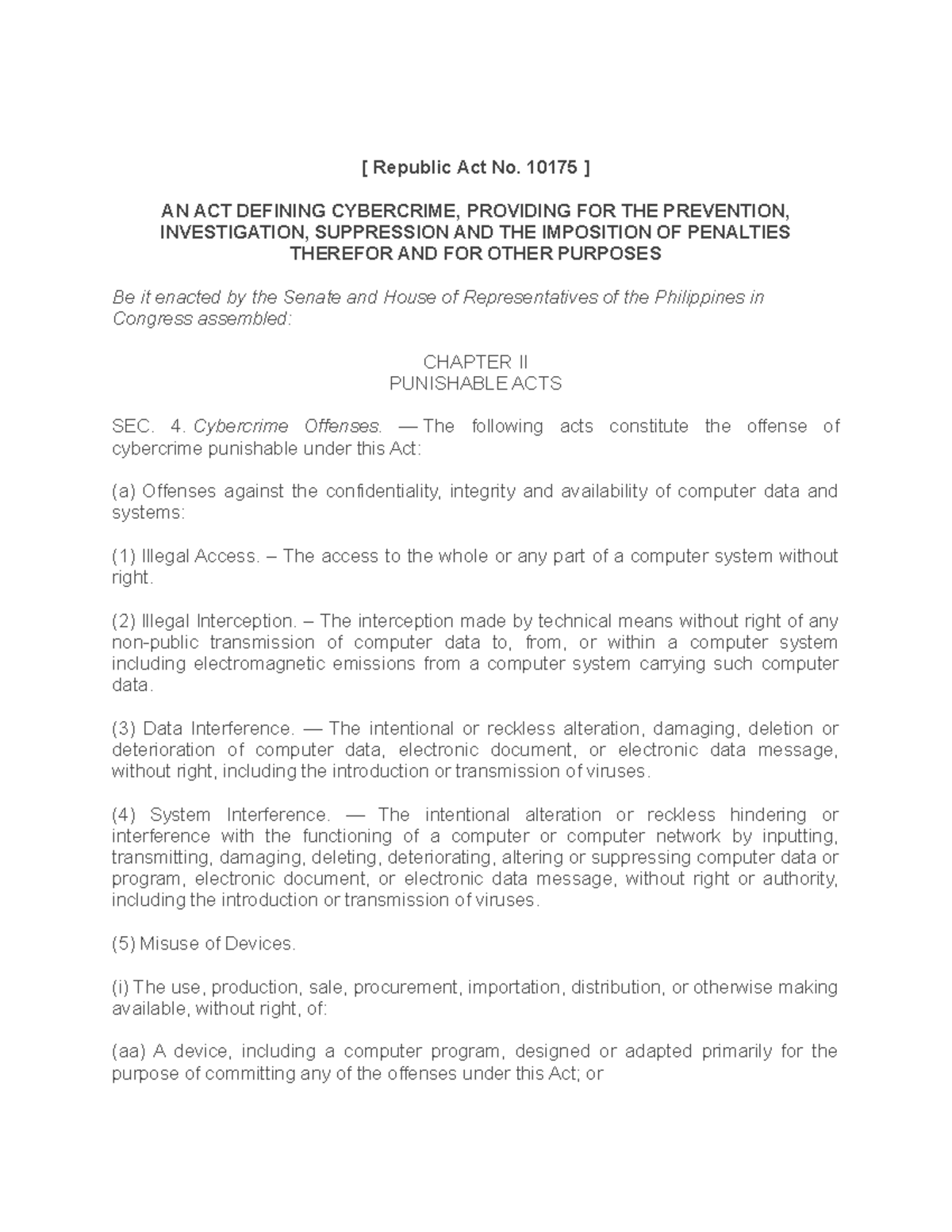 Republic Act No 1-175-chap 2 - [ Republic Act No. 10175 ] AN ACT ...