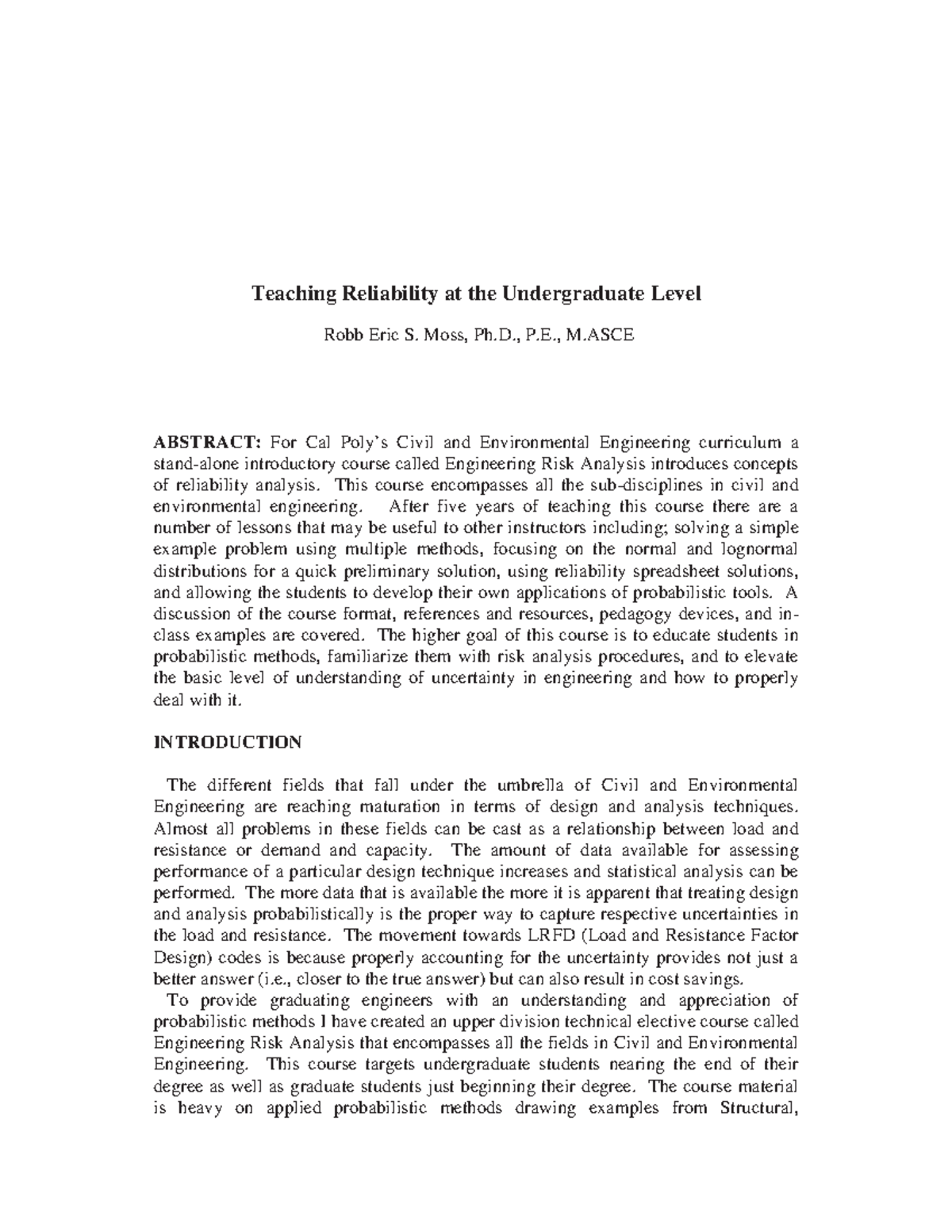 Teaching Reliability at the Undergraduate Level - Moss, Ph., P., M ... Teaching Reliability at the Undergraduate Level - Moss, Ph., P., M ...