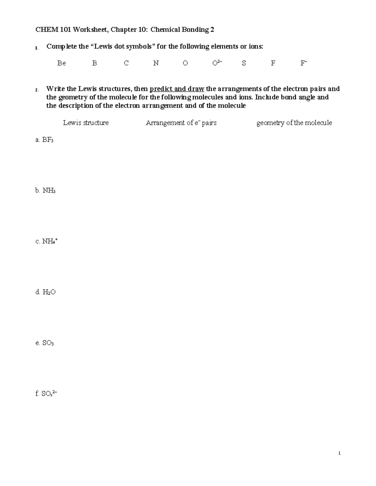 Worksheet Chapter 10 Chemical Bonding 2 NEW - Include bond angle and ...