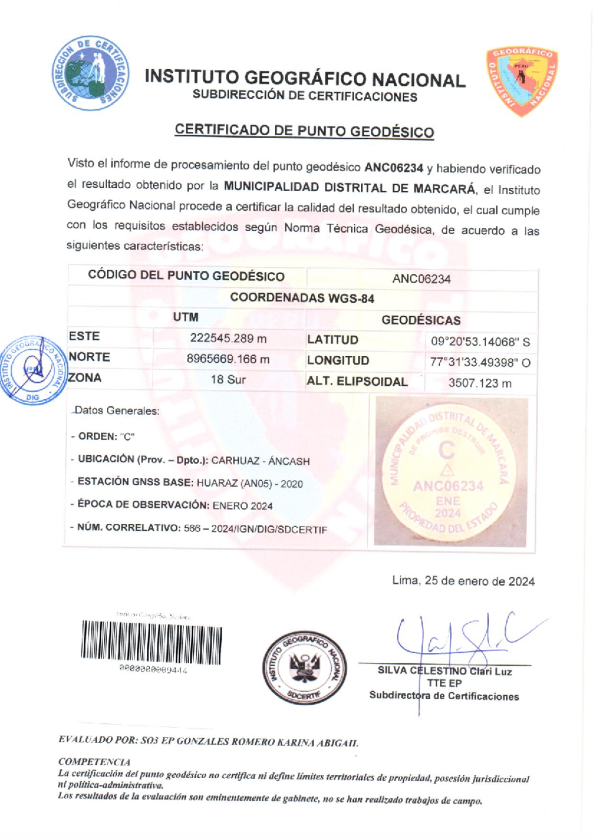 ANC06234 - PUNTO GEODESICO CERTIFICADO - Geodesia - Studocu