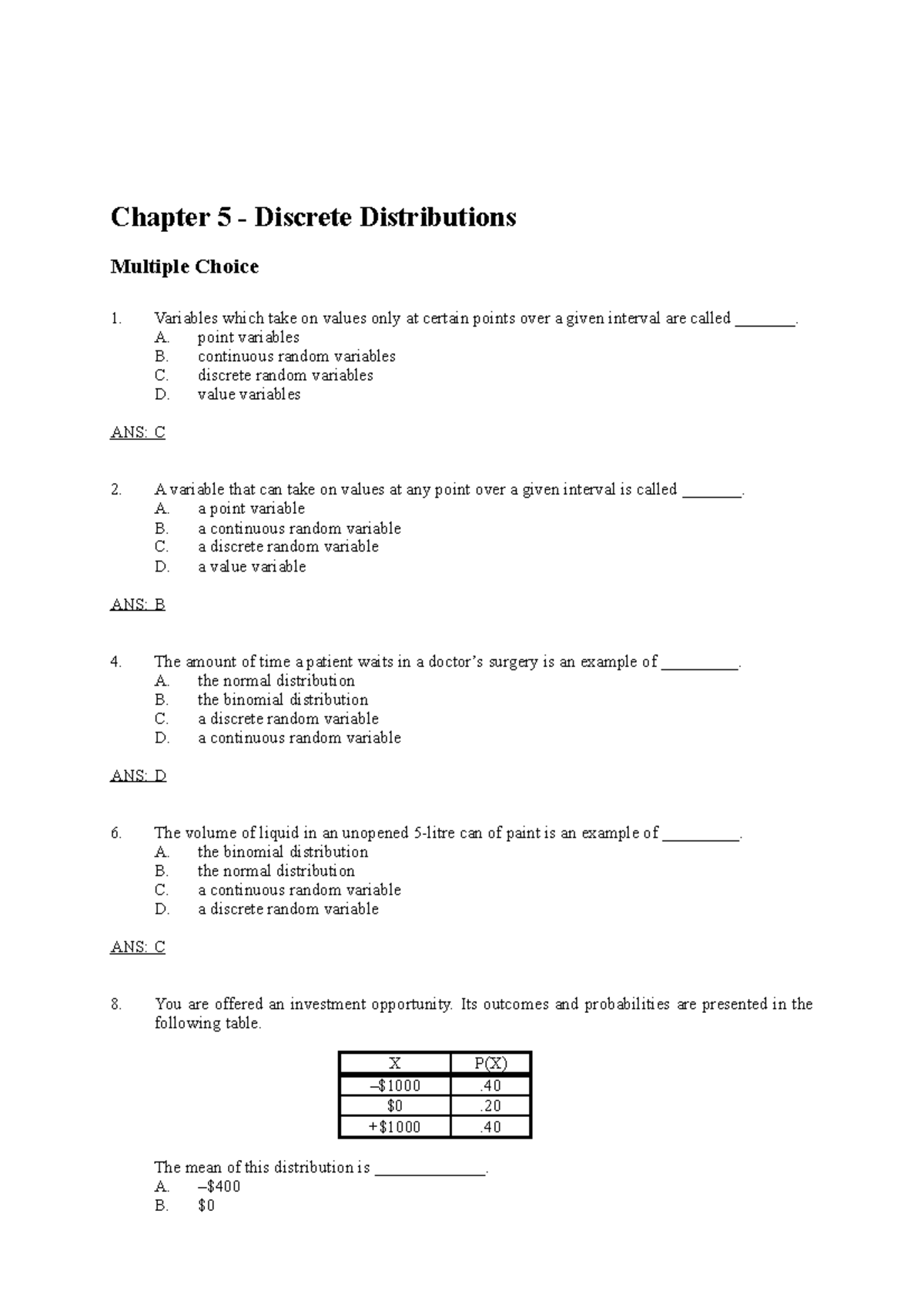 F17967423 Chapter FIVE - Chapter 5 - Discrete Distributions Multiple ...