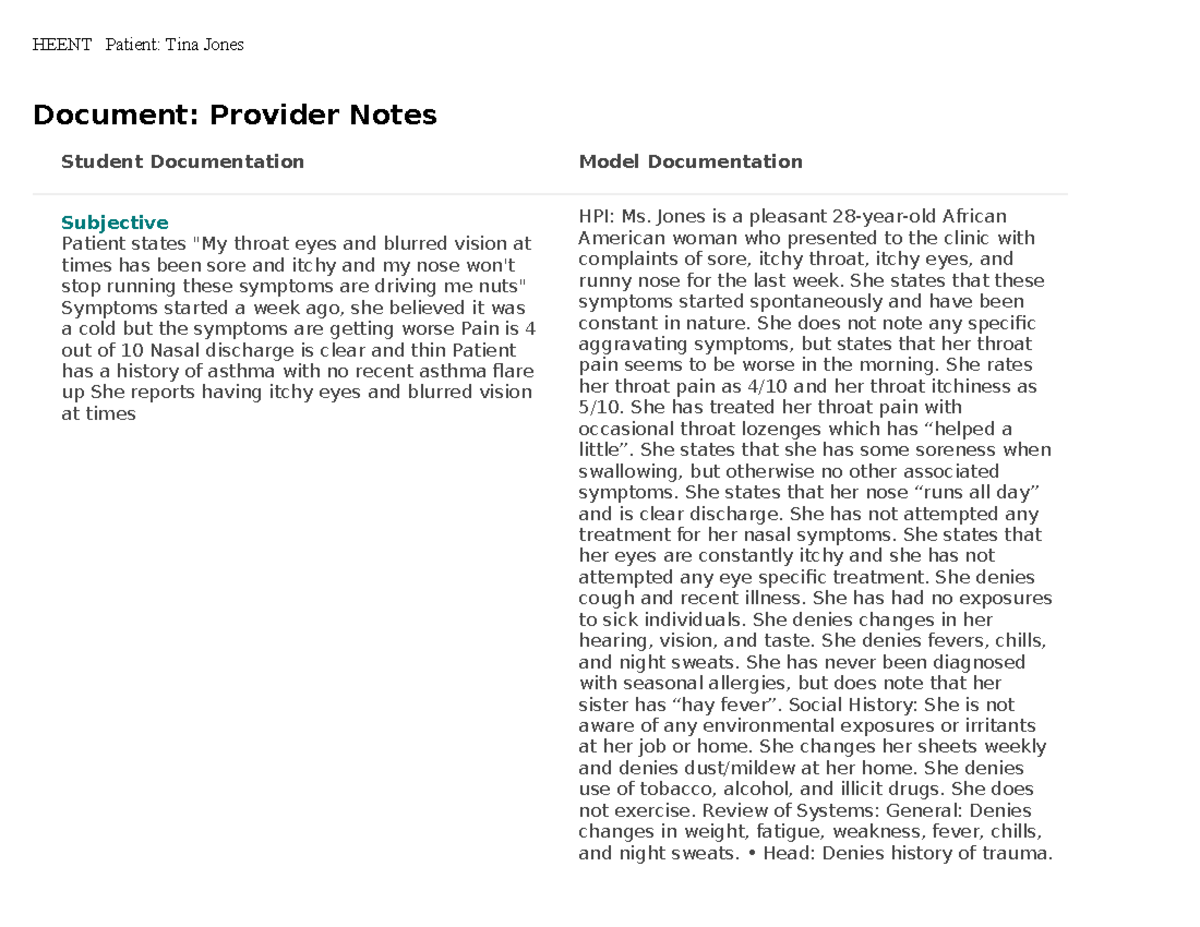 Heent- Shadow health Tina Jones - HEENT Patient: Tina Jones Document ...