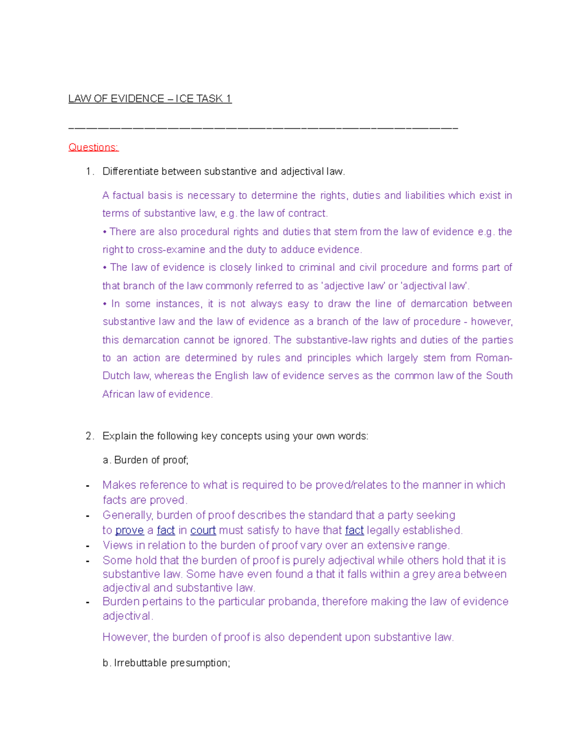 ICE TASK 1 - ICE TASK - LAW OF EVIDENCE – ICE TASK 1 Questions ...