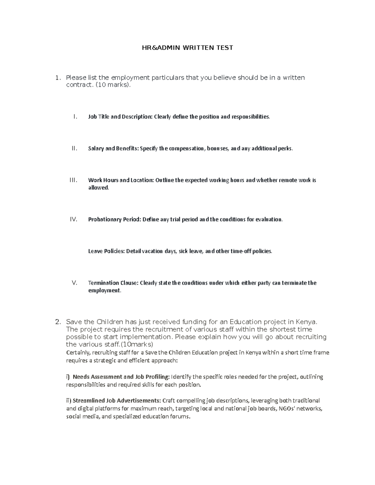 HR& Admin Written TEST Soluction - HR&ADMIN WRITTEN TEST 1. Please list ...