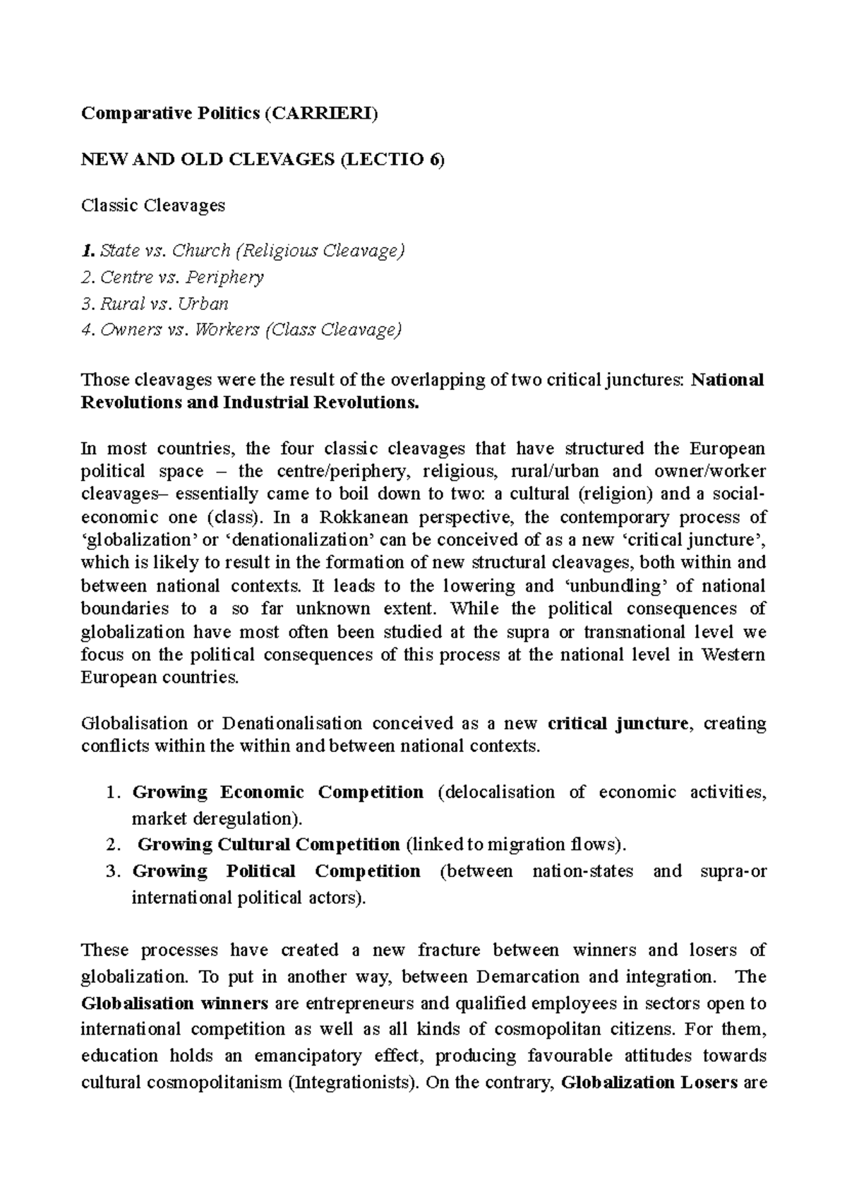 Old and New Cleavages. Fratture politiche. - Comparative Politics ...