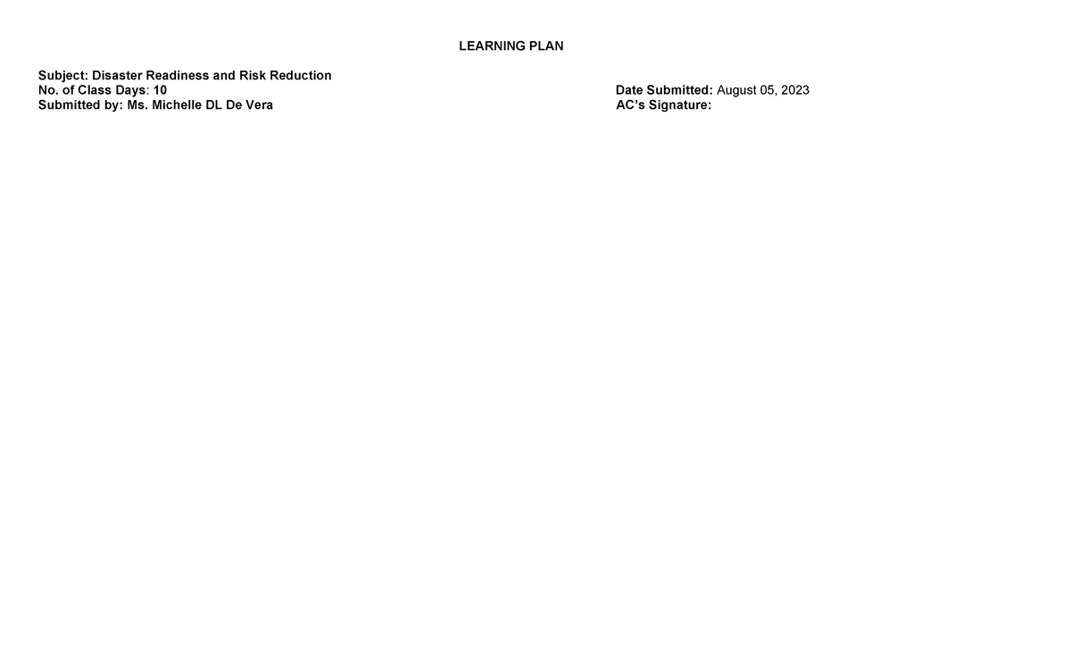 DRRR-LP-AUG 5 - LP FOR YOUR LESSON - LEARNING PLAN Subject: Disaster ...