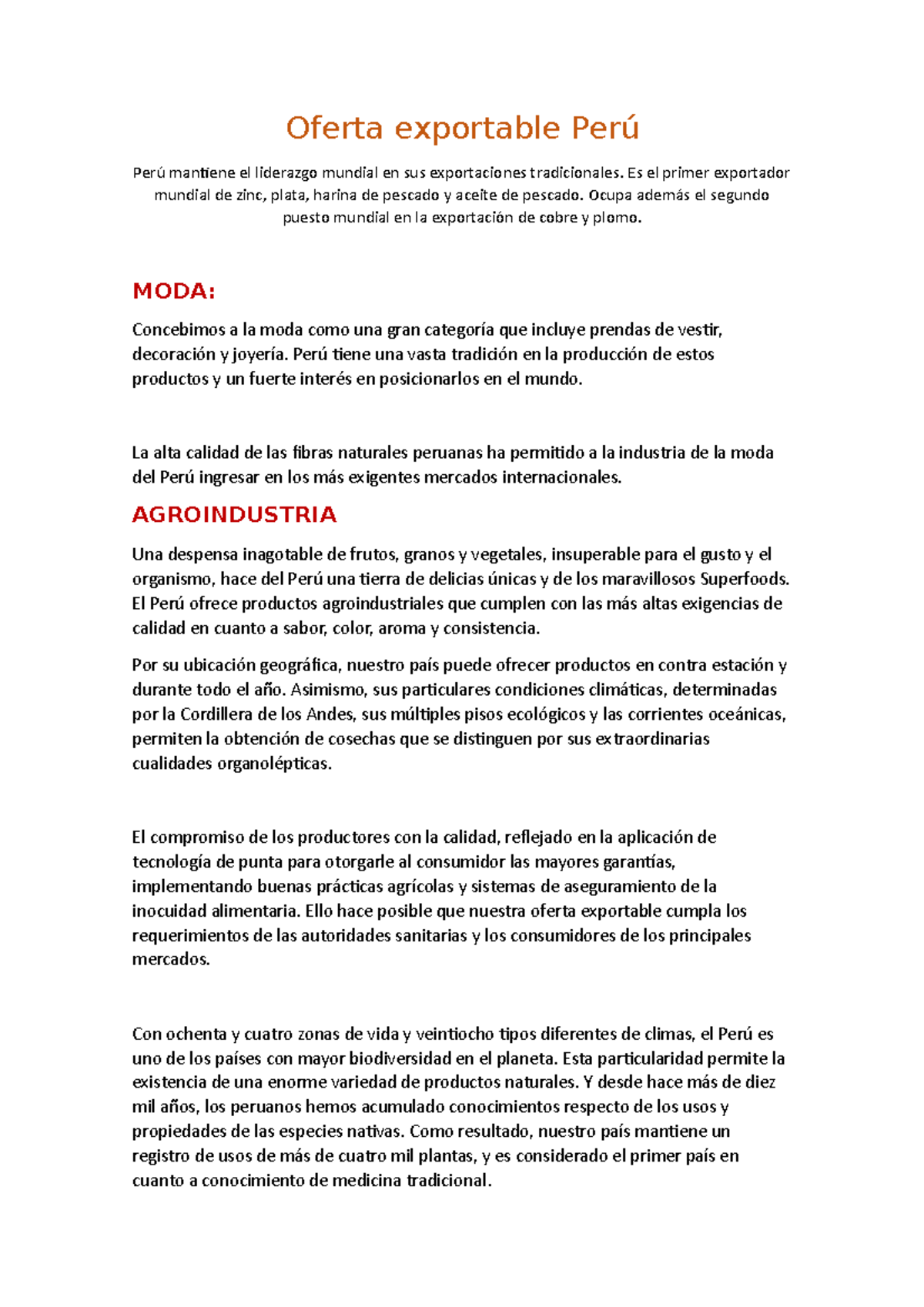 Oferta exportable Perú- tarea semana 9 - Oferta exportable Perú Perú mantiene el liderazgo ...