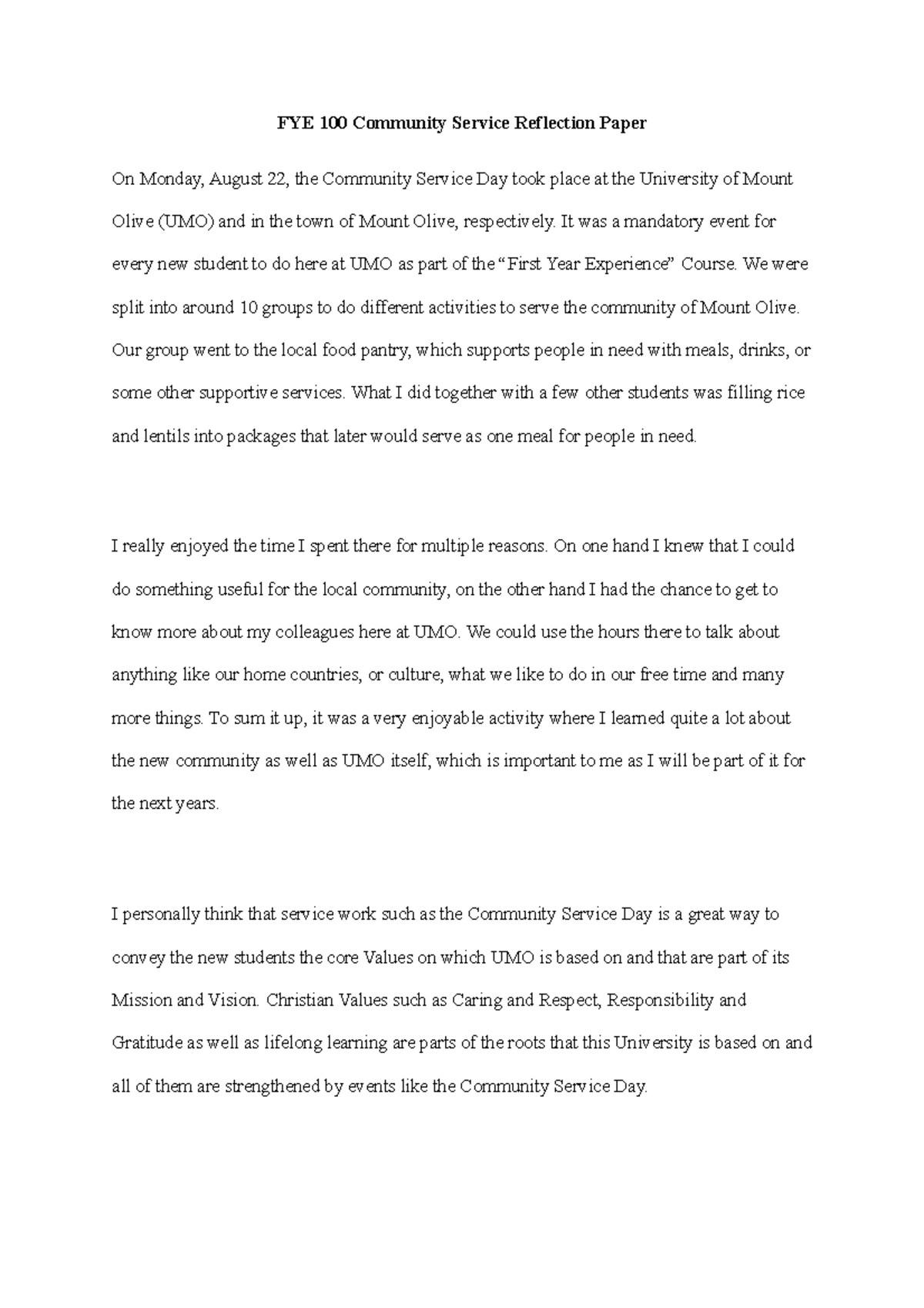 Community Service Day Reflefction Paper - FYE 100 Community Service ...