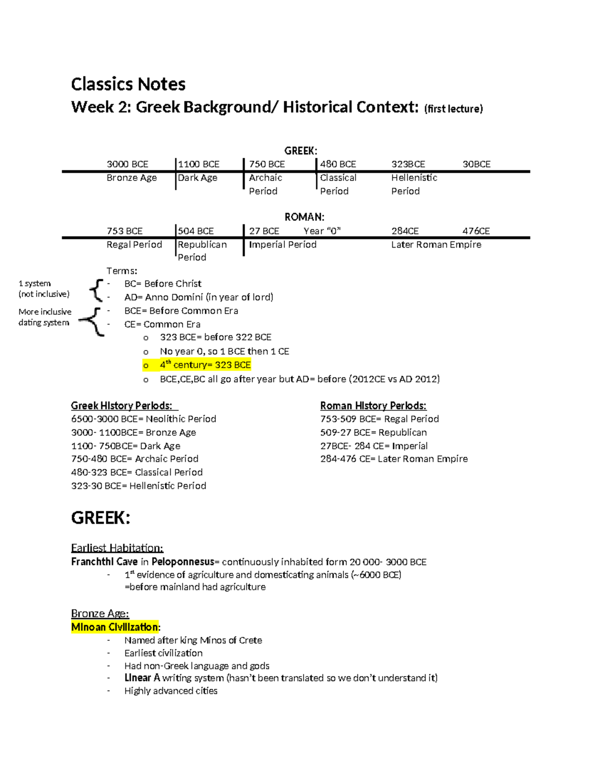 Classics Notes - Classics Notes Week 2: Greek Background/ Historical ...