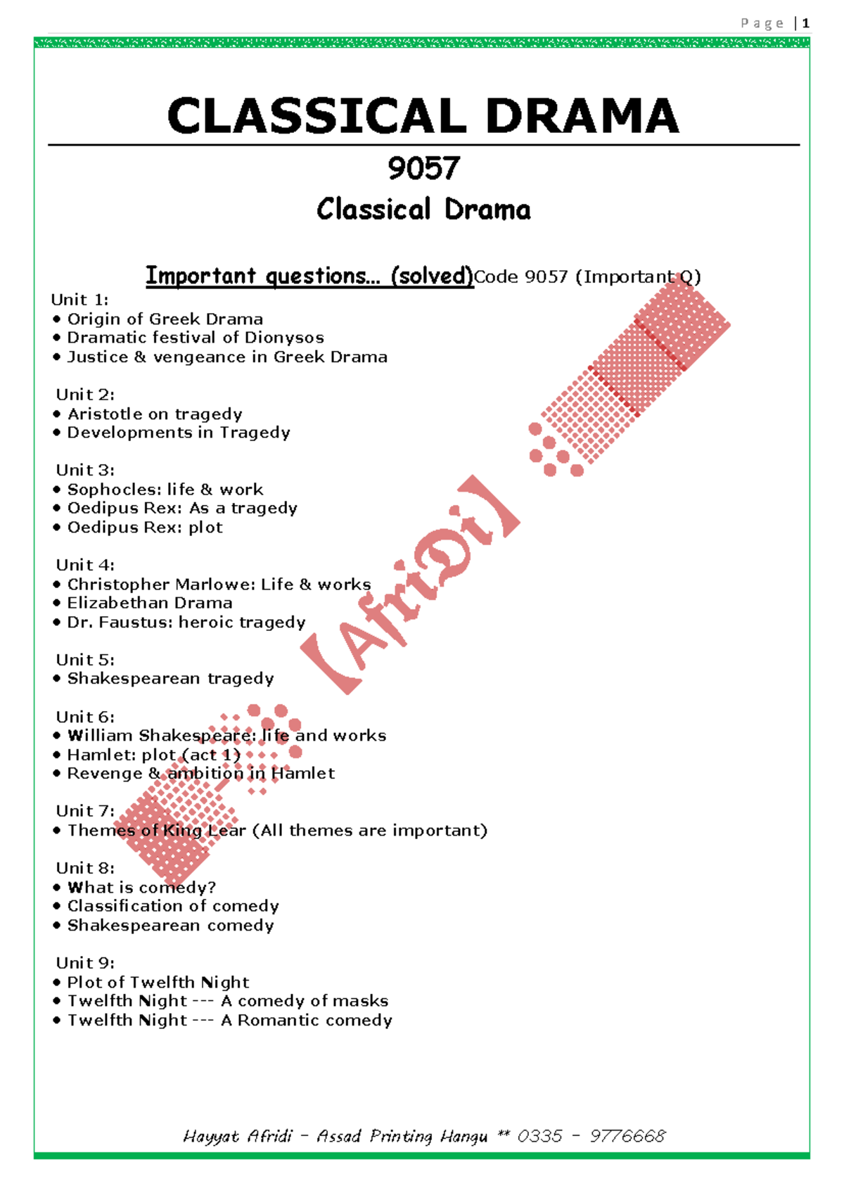 9057 Notes (Solved) - CLASSICAL DRAMA 9057 Classical Drama Important ...