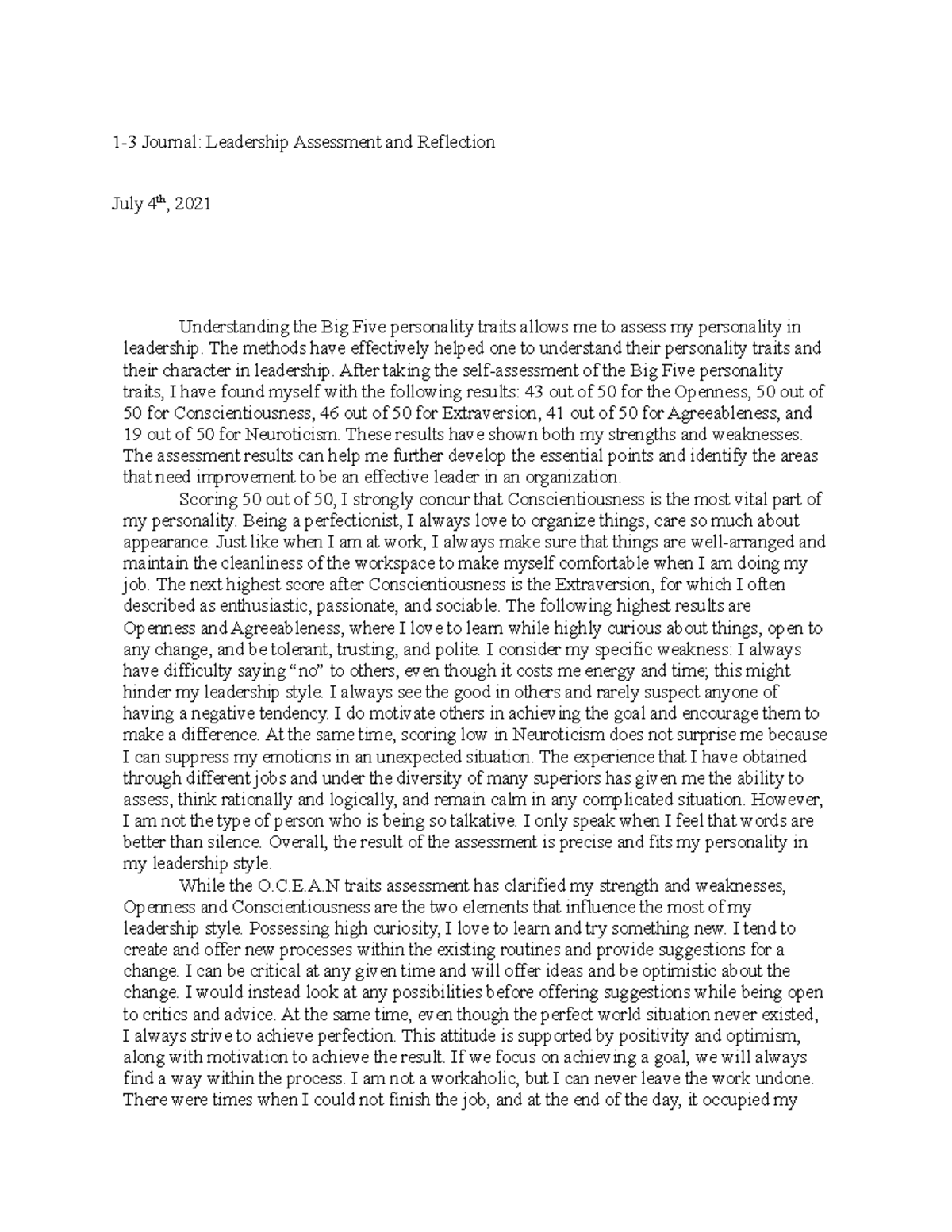 1-3 Journal - Leadership Assessment and Reflection - 1-3 Journal ...